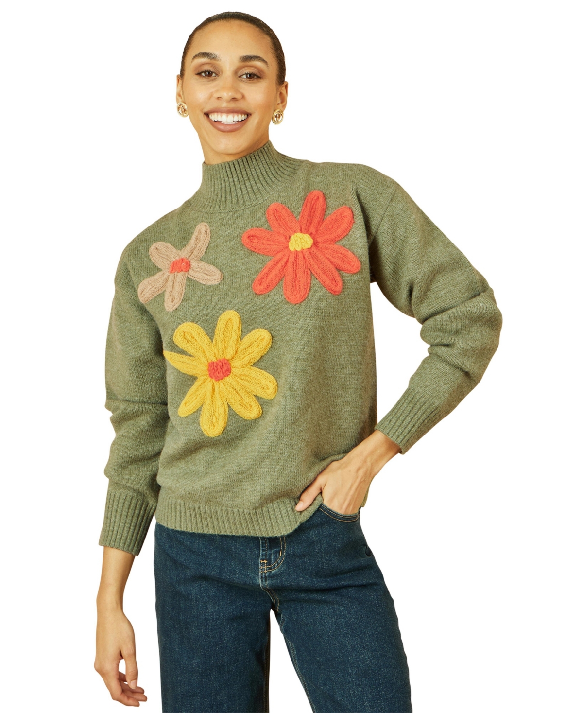 Click here for Yumi Womens Floral Detail High Neck Knit Sweater -... prices