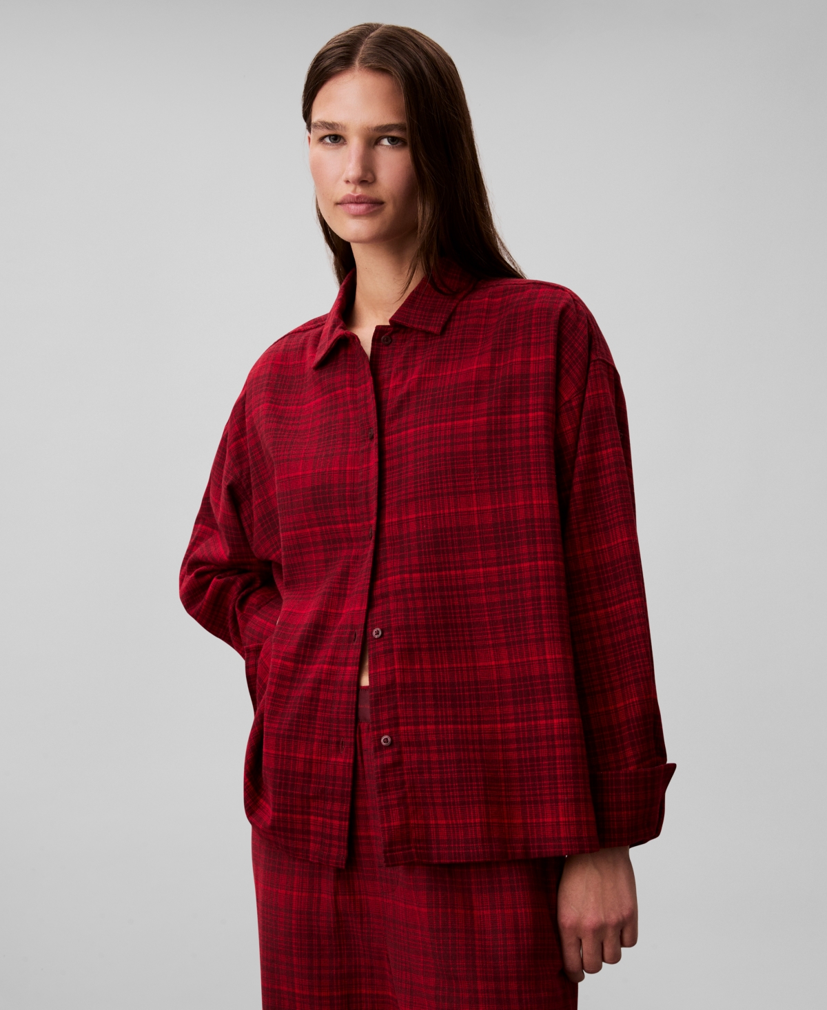 Click here for Calvin Klein Womens Plaid Collar Neck Long Sleeve... prices
