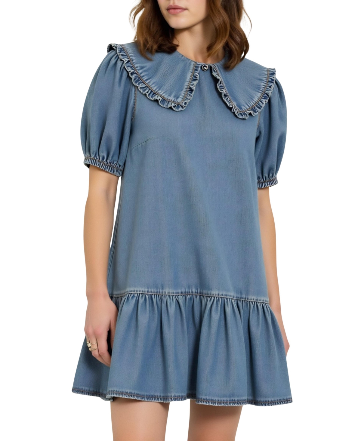 Modenaire Womens Ruffled Collar Short Dress with Puff Sleeves and Tiered Hem - Light blue