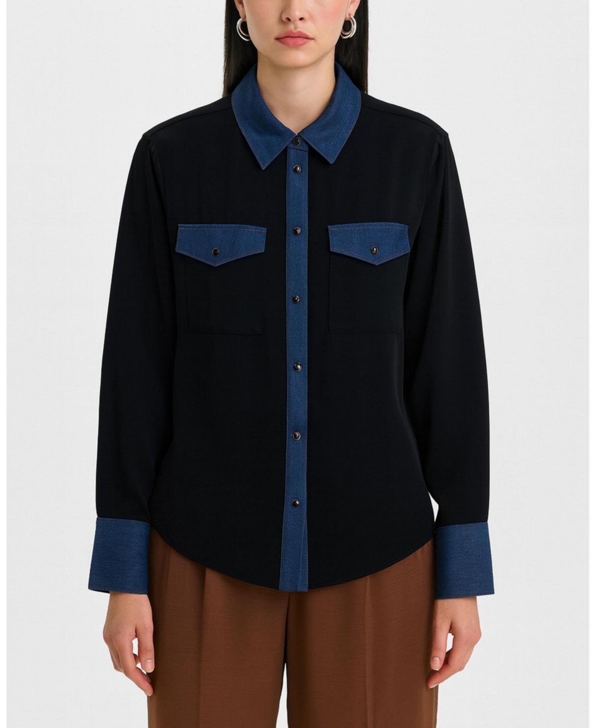 Click here for Ellen Tracy Womens Button-Up Shirt with Denim Trim... prices