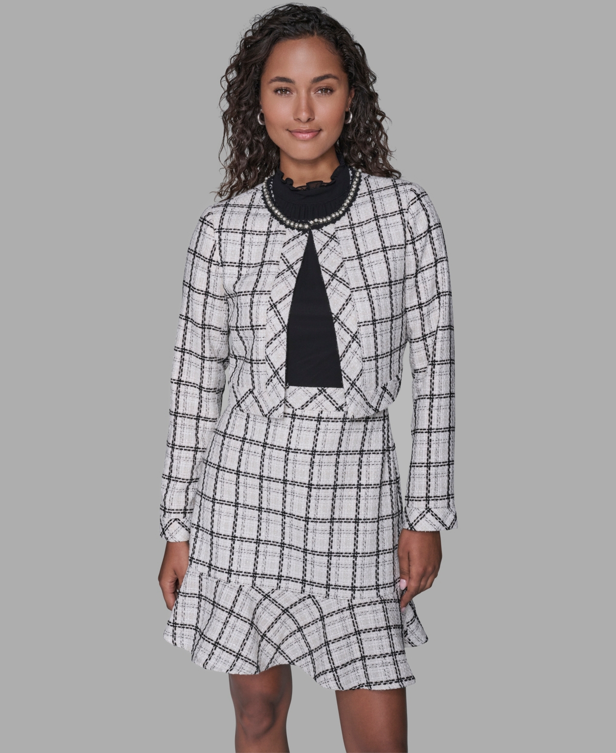 Click here for Karl Lagerfeld Paris Metallic Glen Plaid Tweed Jac... prices