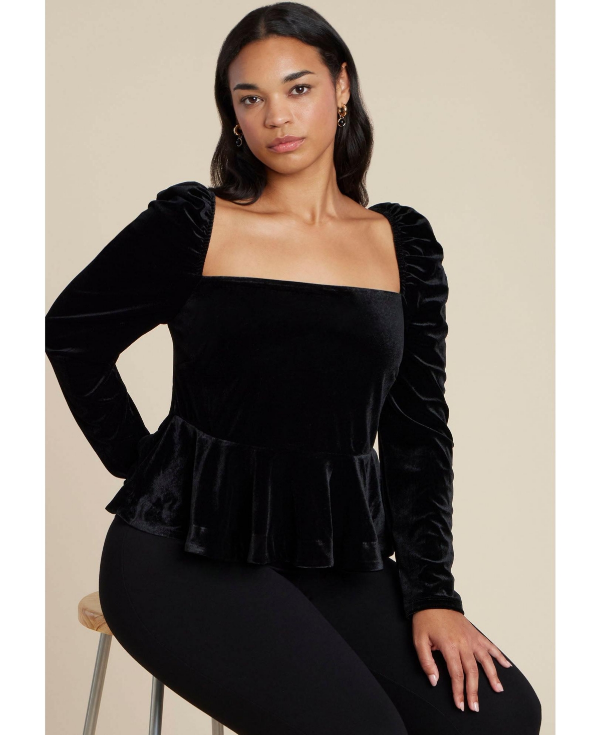 Click here for Eloquii Womens Velvet Peplum Top - Black onyx prices