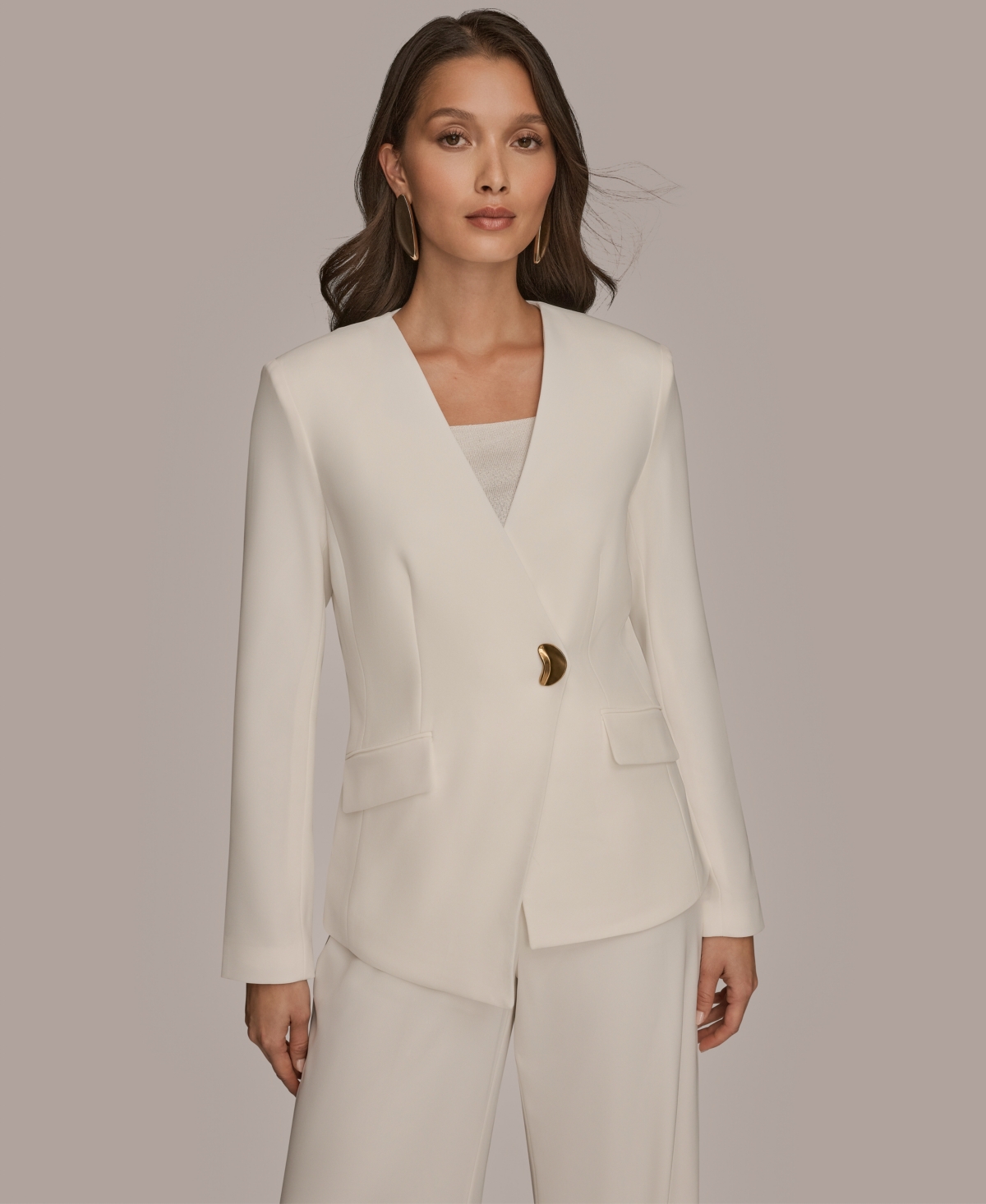 Donna Karan New York Womens Long Sleeve Asymmetrical Blazer - Cream