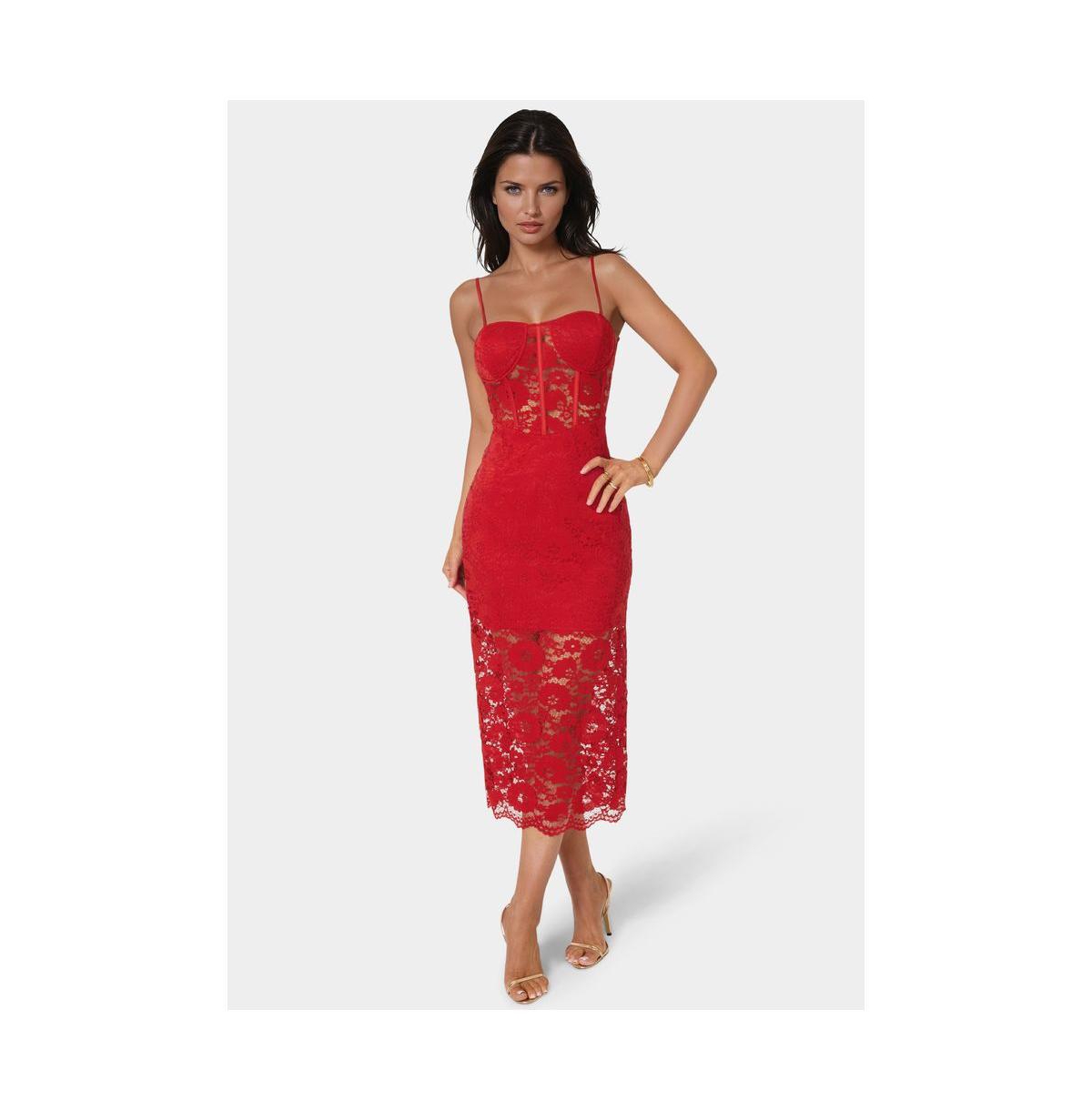 Bebe Womens Lace Corset Midi Dress - Red