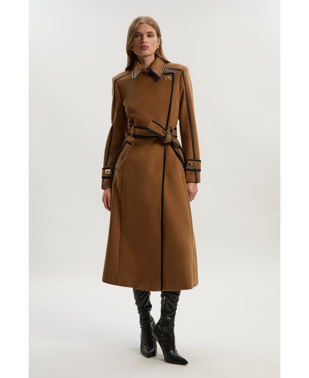 Click here for Karen Millen Womens Wool Pu Belted Midi Coat - Cam... prices