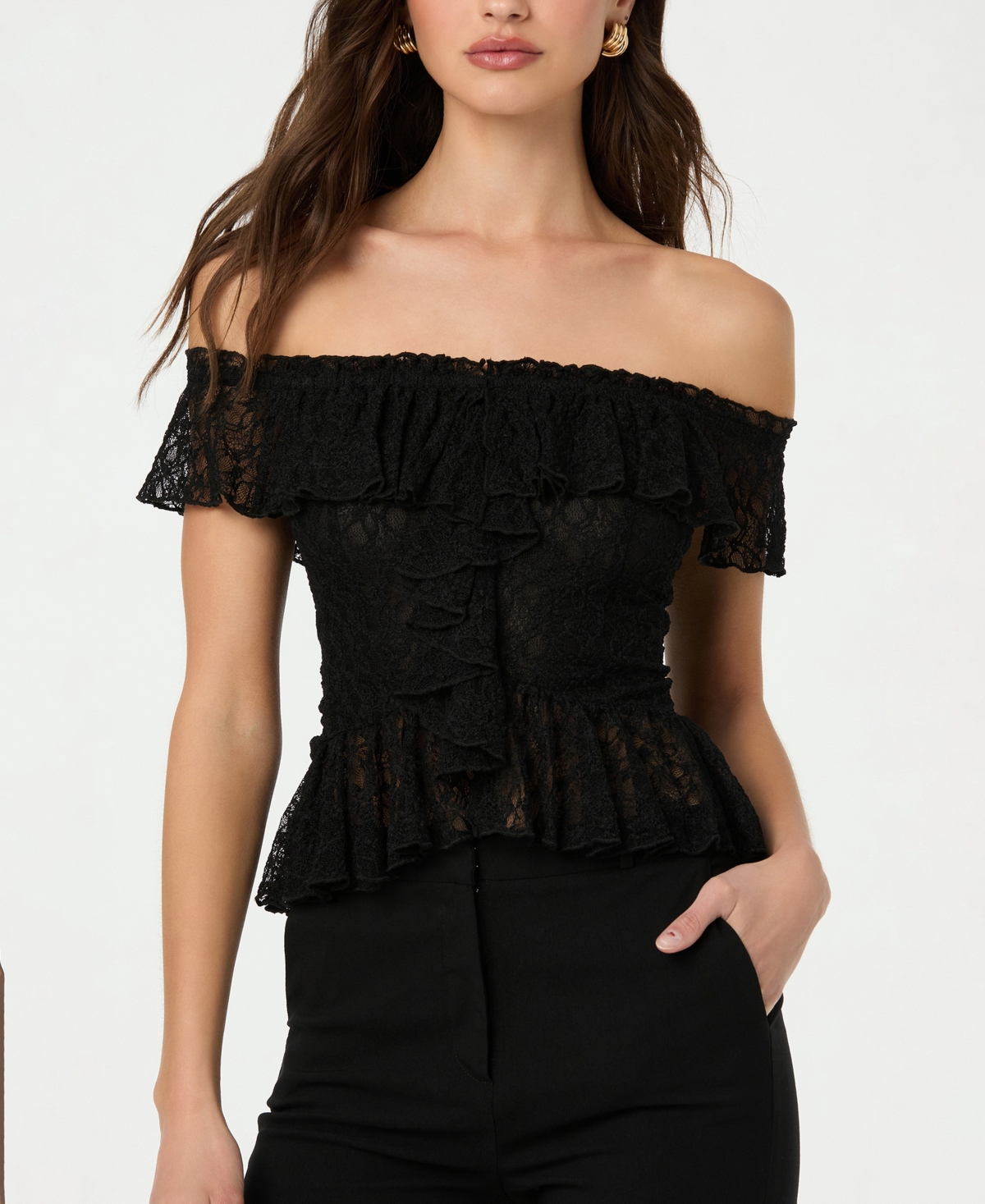 Click here for Astr the Label Womens Off-The-Shoulder Lace Ruffle... prices