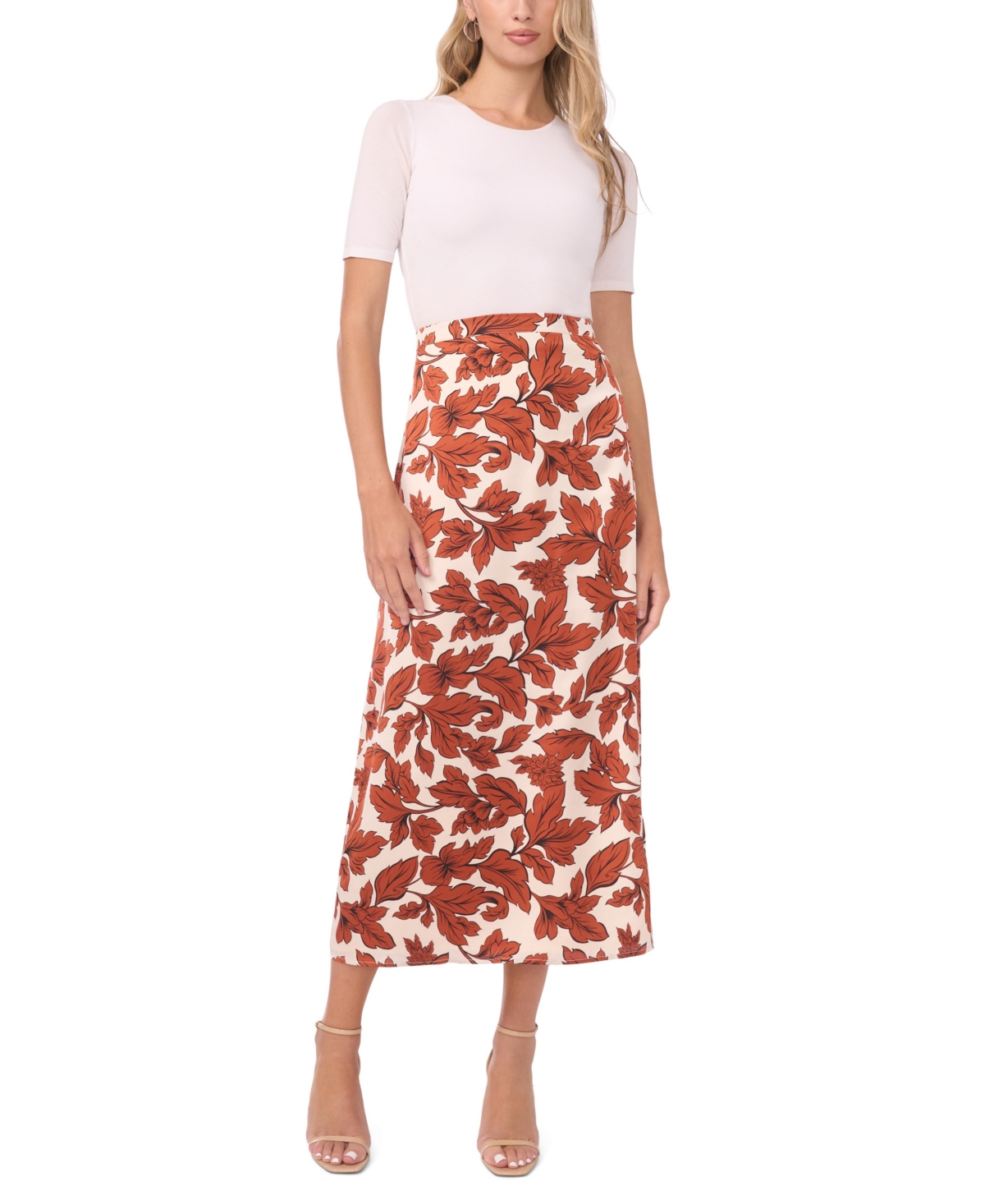 Vince Camuto Womens Floral Print Side Slit Long Pencil Skirt - Peach Whip