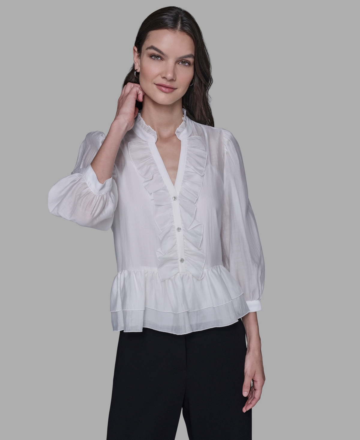 Click here for Karl Lagerfeld Paris Womens V-Neck Ruffle Detail T... prices