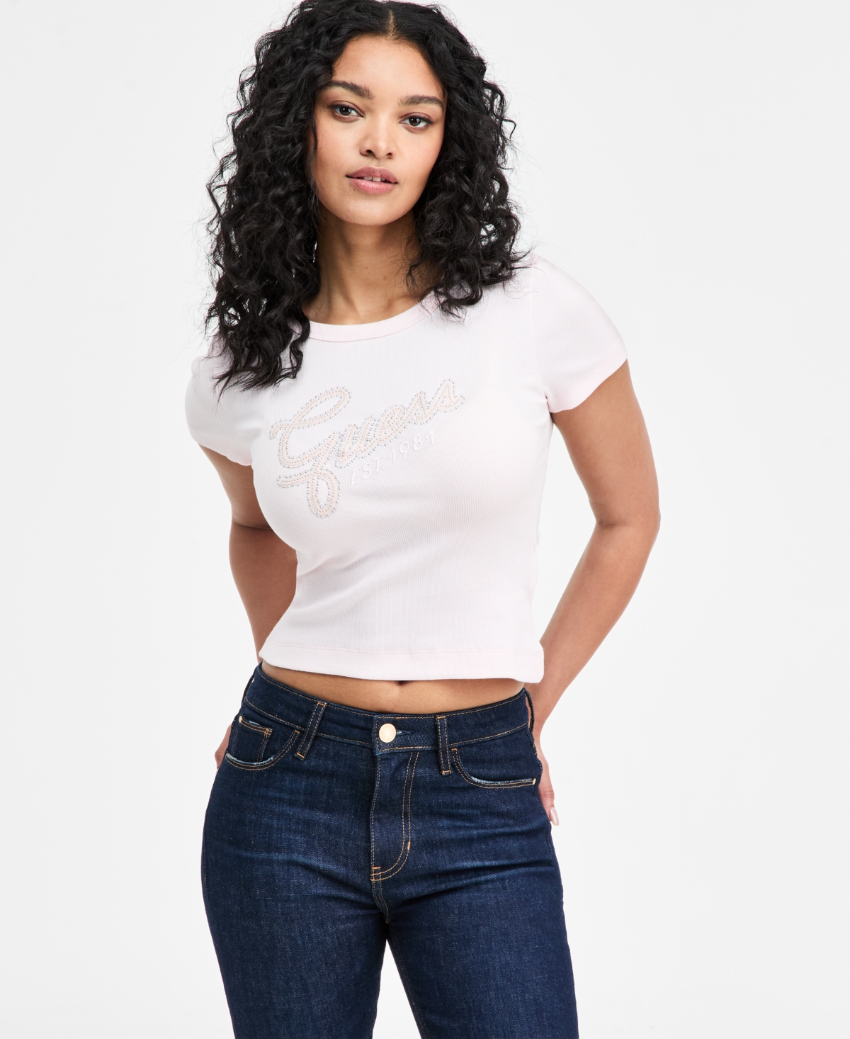 Click here for Guess Womens Studded Script Logo Crewneck T-Shirt... prices