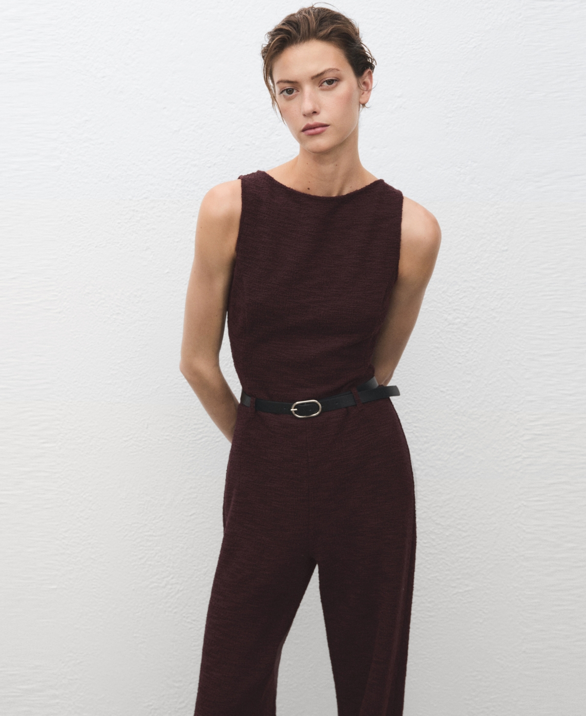 Click here for Mango Womens Marl Belted Jumpsuit - Wine prices