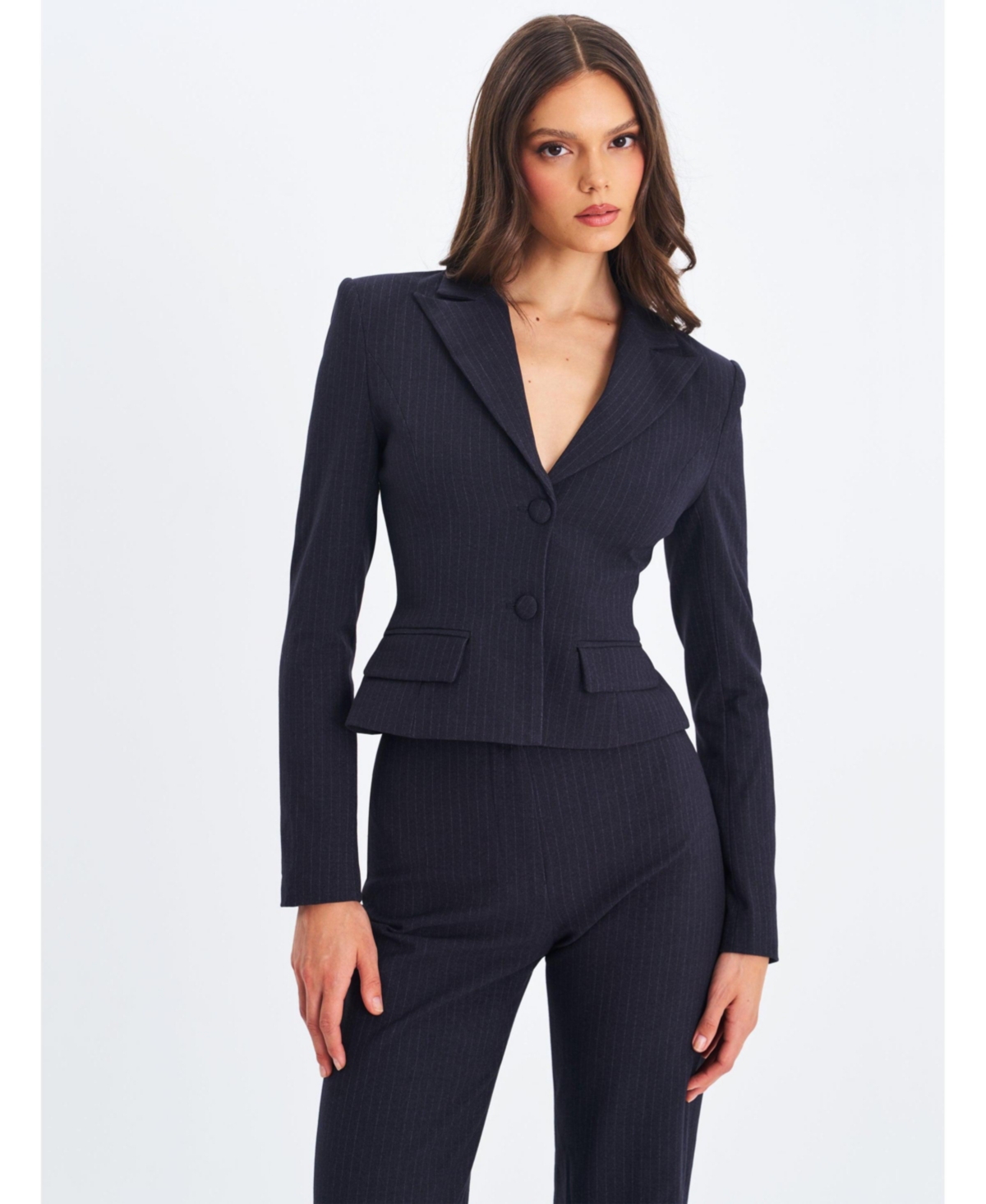 Click here for Miss Circle Womens Quinne Navy Striped Single-Brea... prices