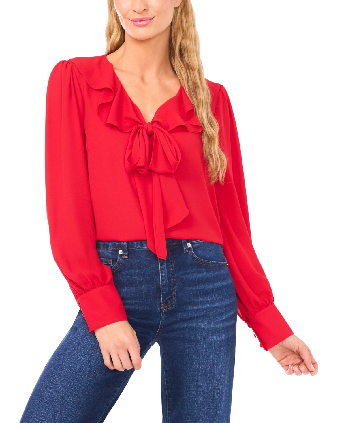 Click here for CeCe Womens Ruffle Tie V-Neck Top - Red prices