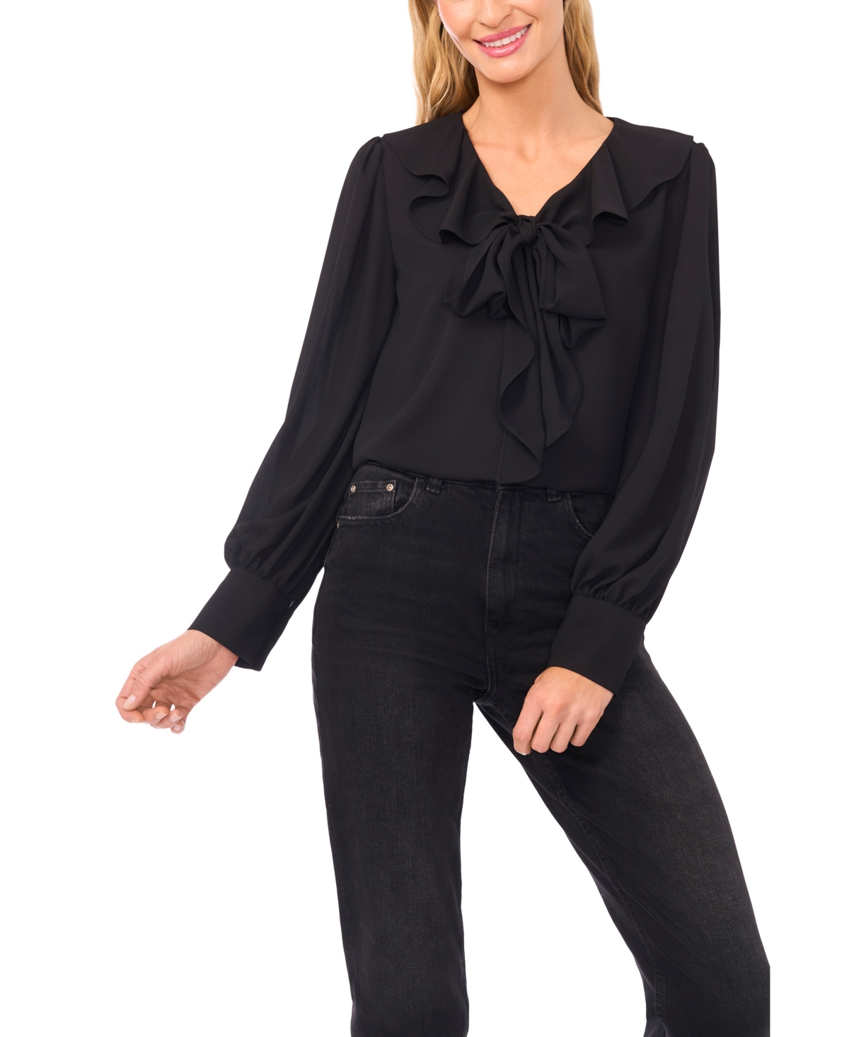 Click here for CeCe Womens Ruffle Tie V-Neck Top - Rich Black prices
