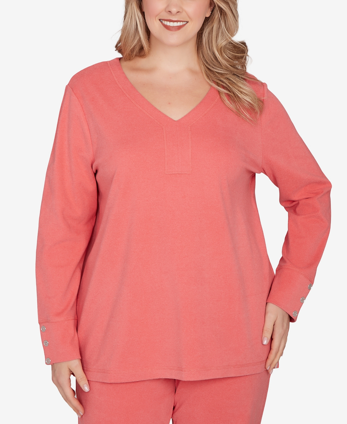 Click here for Ruby Rd. Plus Size Luxe Rib V-Neck Button Accent K... prices