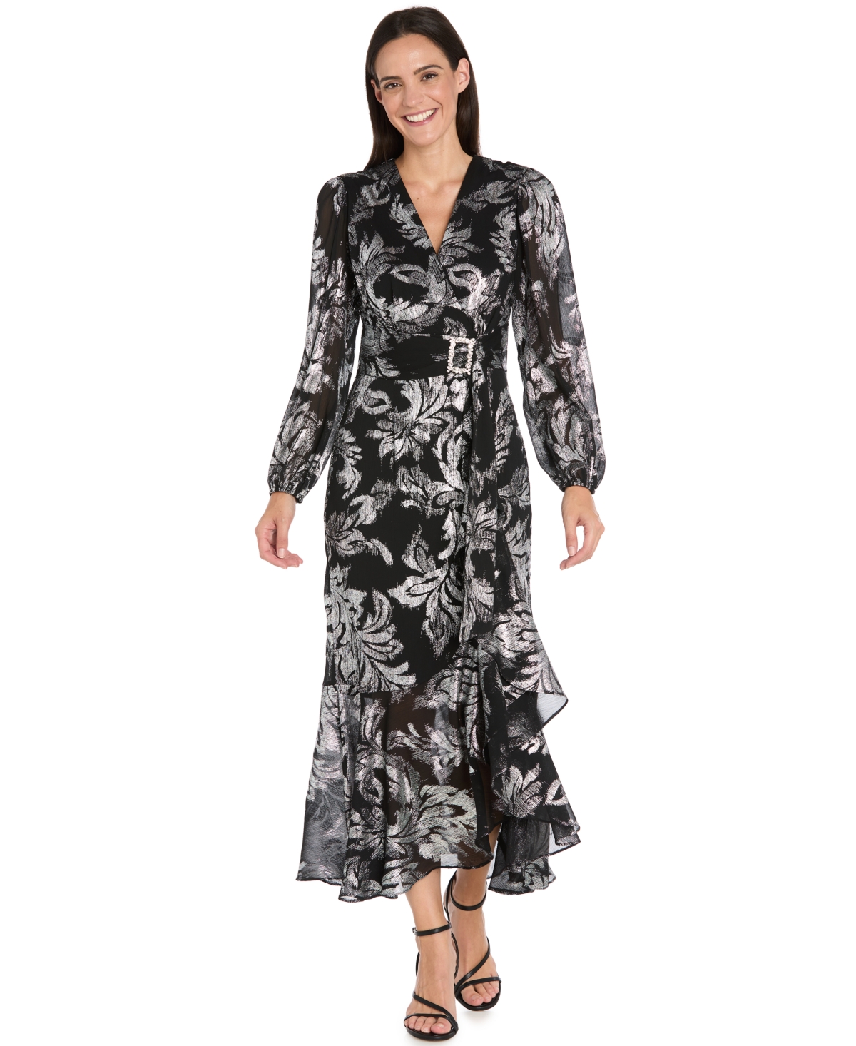Click here for R & M Richards Womens Printed Ruffle Detail Maxi D... prices