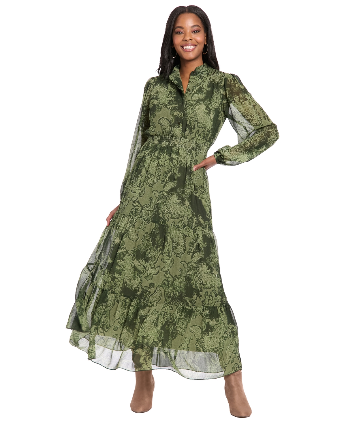 Click here for London Times Womens Printed Tiered Mock Neck Maxi... prices