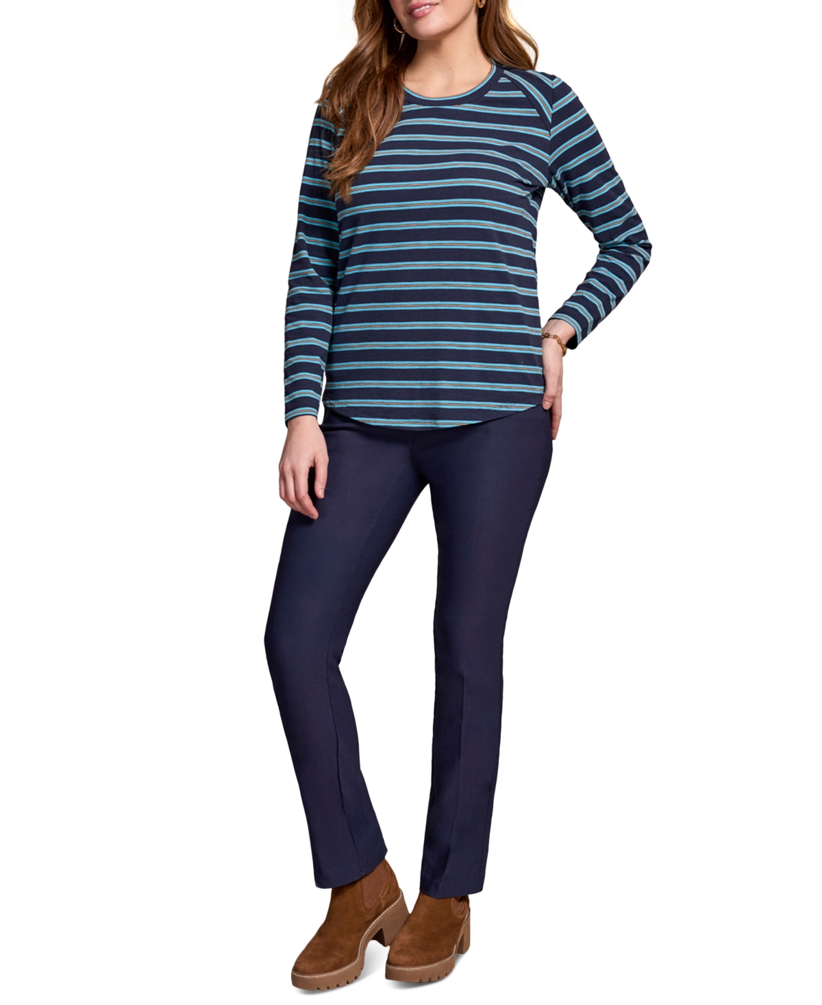 Click here for Tribal Womens Stripe Slub Knit Crew Neck Top - Sap... prices