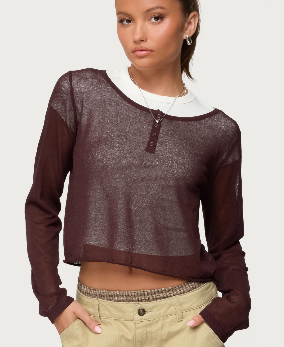 Click here for Edikted Womens Kilian Sheer Knit Henley Top - Brow... prices