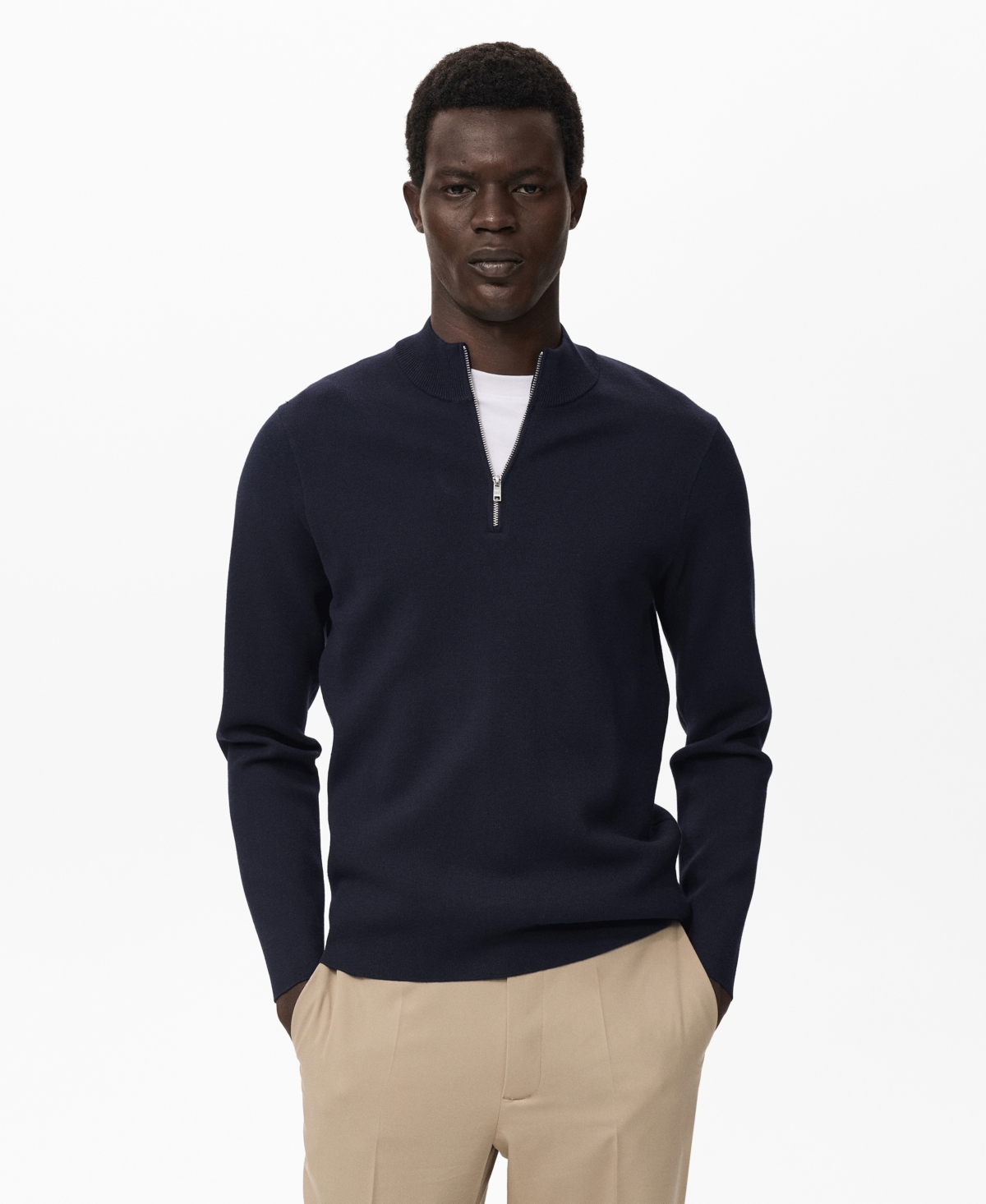 Click here for Mango Mens Perkins Neck Knitted Sweater - Navy prices