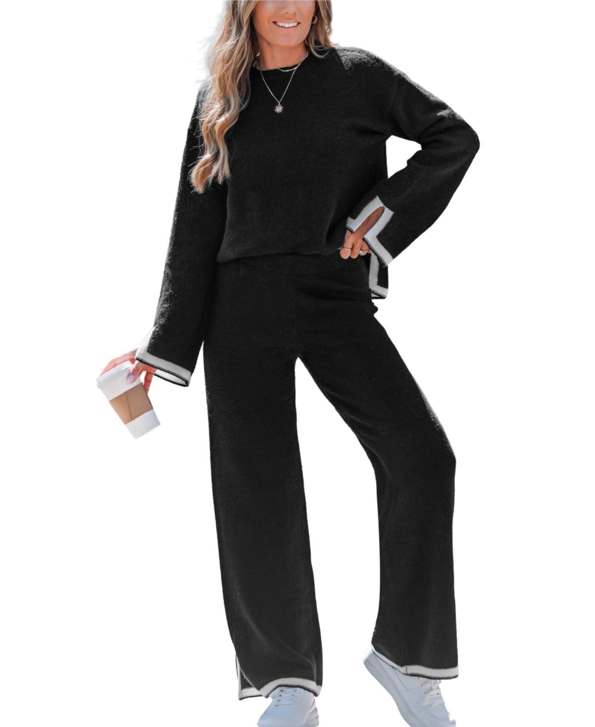 Click here for Cupshe Womens Contrast Trim Knit Lounge Set - Blac... prices