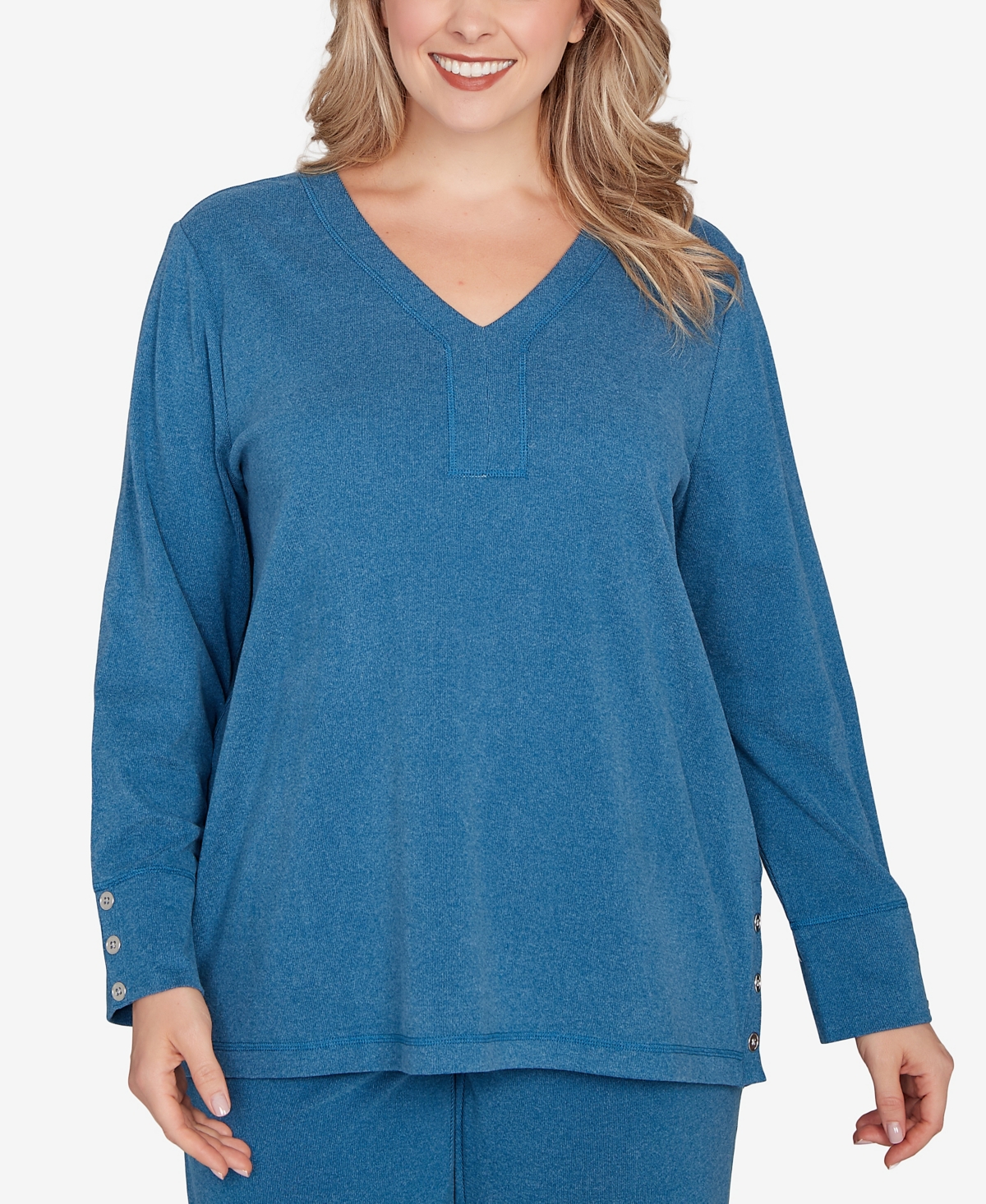 Click here for Ruby Rd. Plus Size Luxe Rib V-Neck Button Accent K... prices