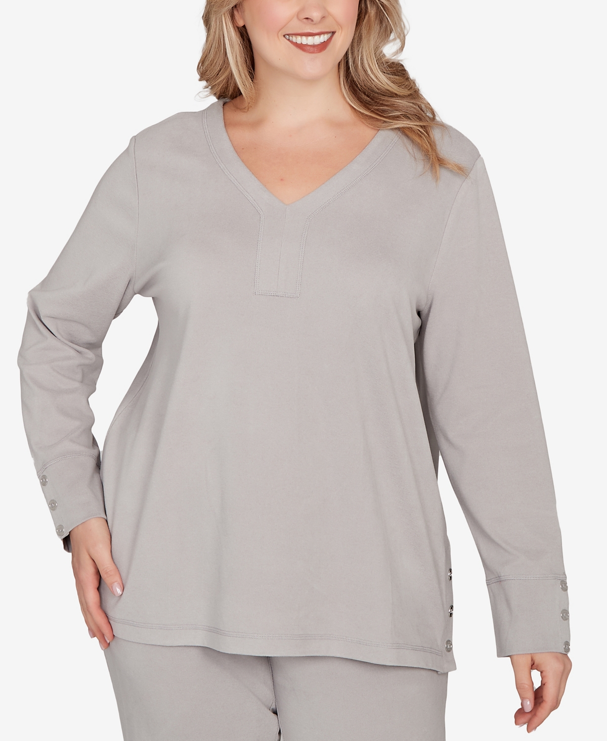 Click here for Ruby Rd. Plus Size Luxe Rib V-Neck Button Accent K... prices