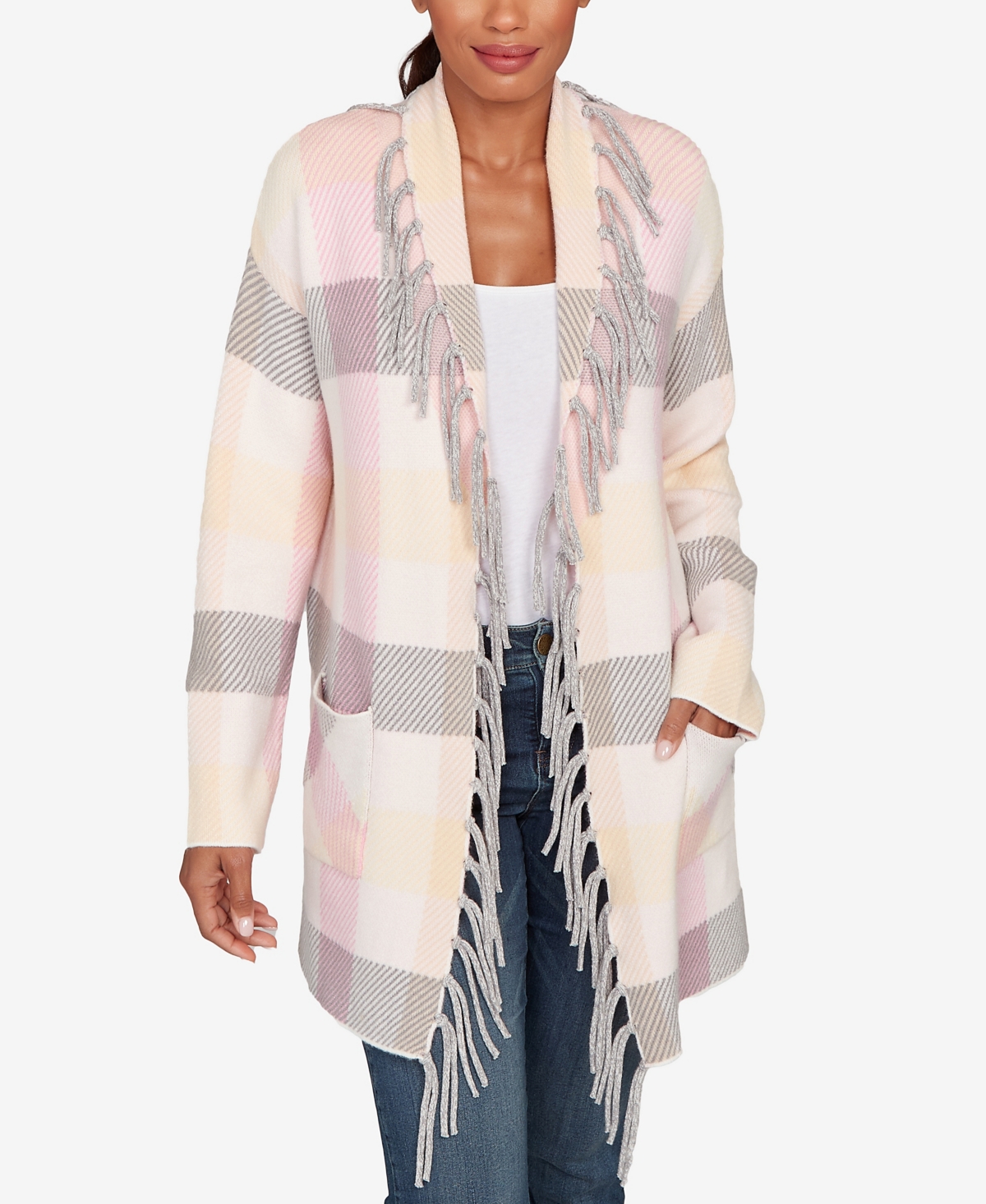 Click here for Ruby Rd. Petite Luxe Plaid Fringed Cardigan Sweate... prices