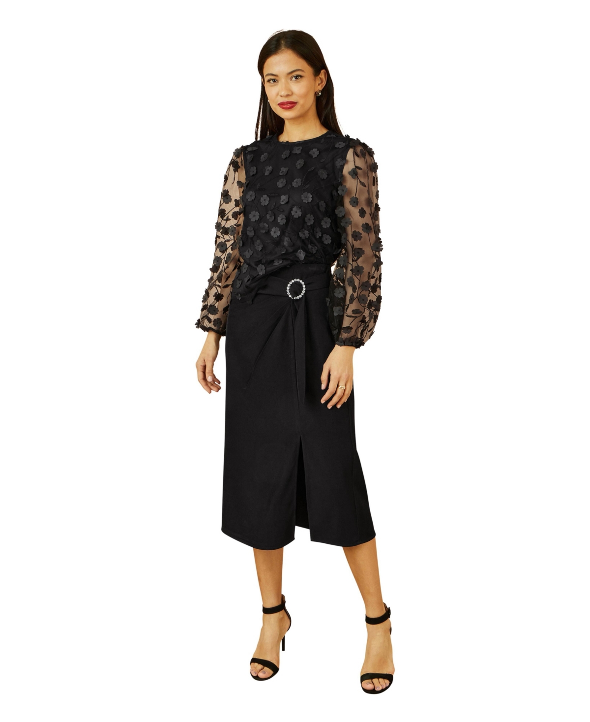 Click here for Yumi Womens Long Sleeve Sheer Floral Top - Black prices