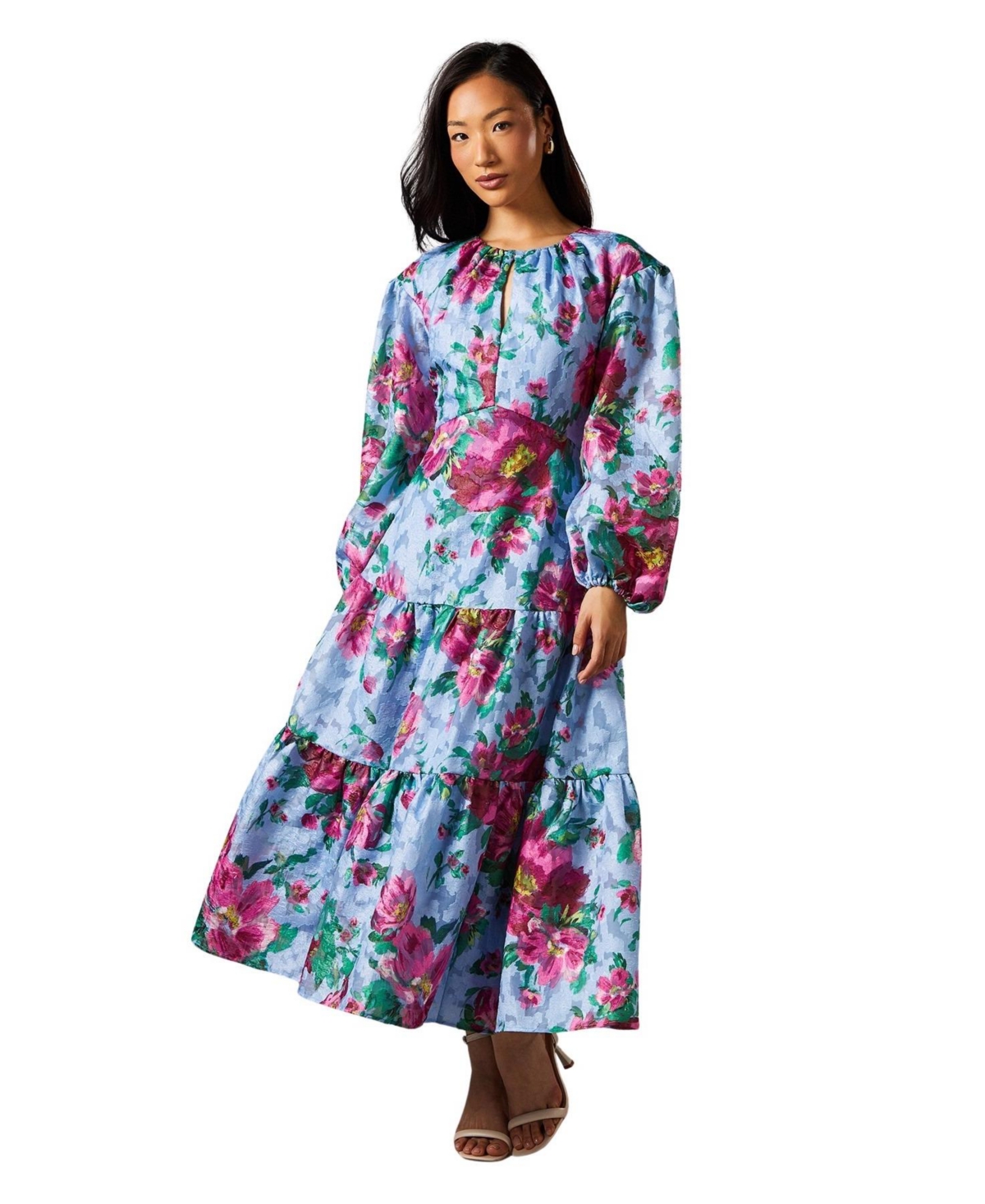 Click here for Coast Womens Printed Jacquard Volume Dress - Blue prices