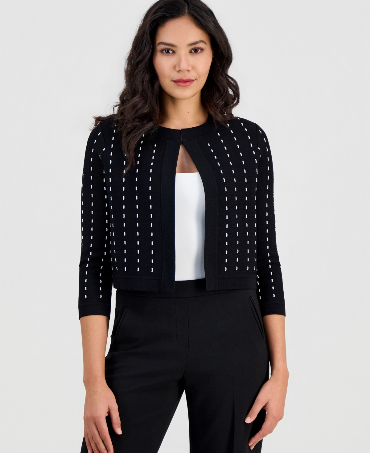 Click here for Anne Klein Womens Pinstripe Open-Front 3/4-Sleeve... prices