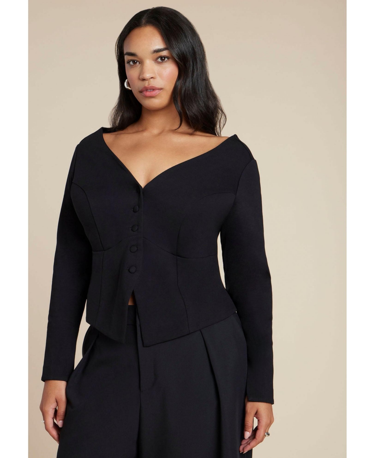 Click here for Eloquii Womens Button Up Wide Neck Top - Black ony... prices