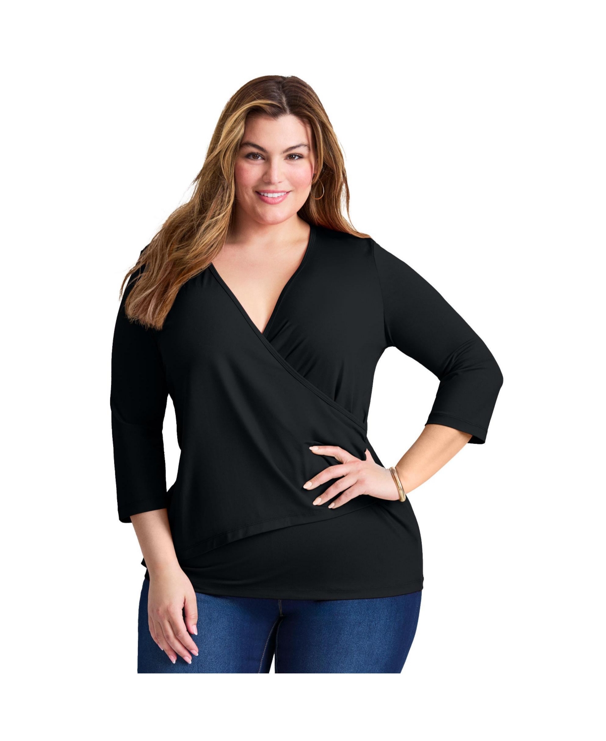 Click here for Avenue Womens Side Ruched Faux Wrap Top - Black prices