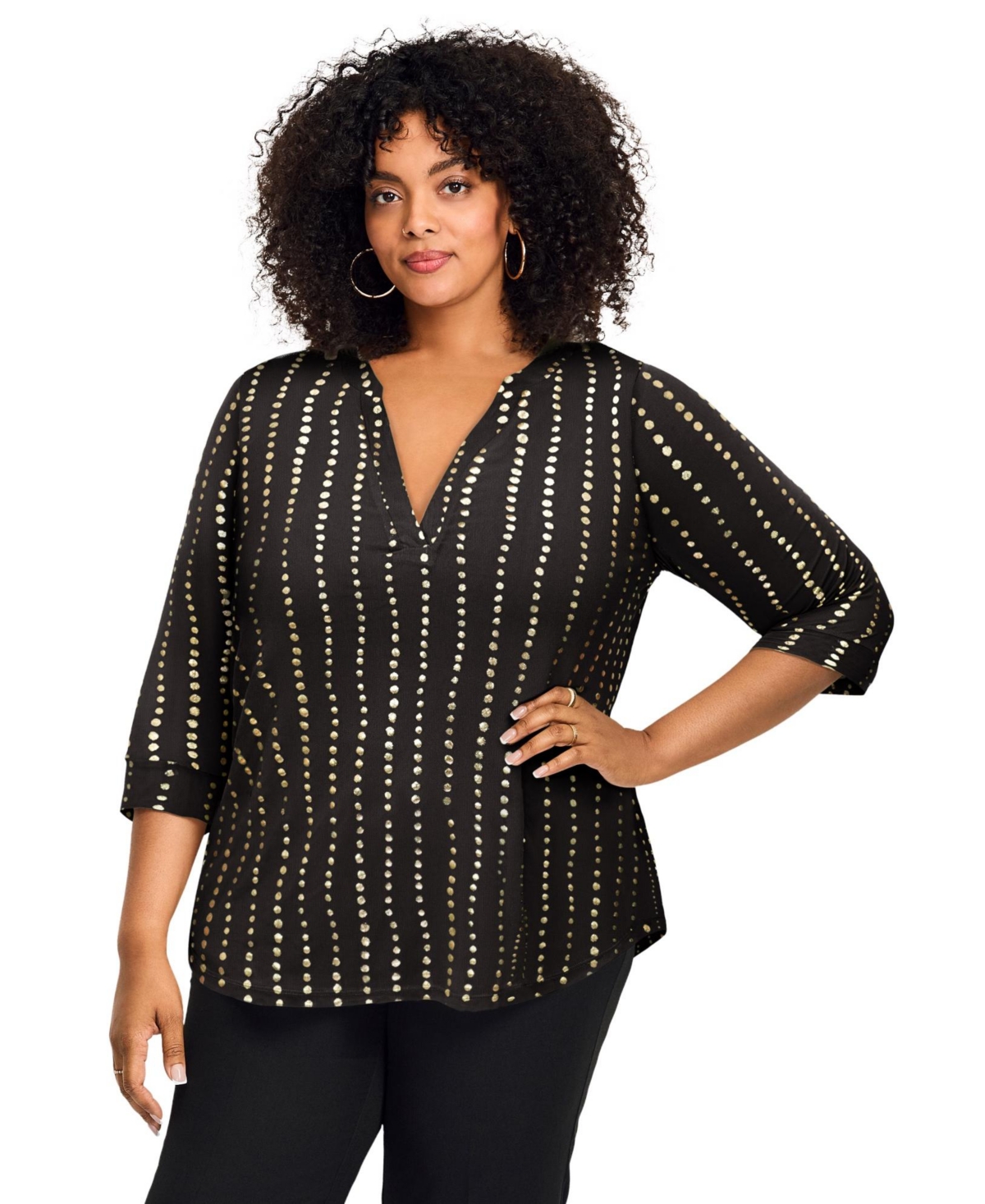 Click here for Avenue Womens Split-Neck Foil Top - Black stripe d... prices