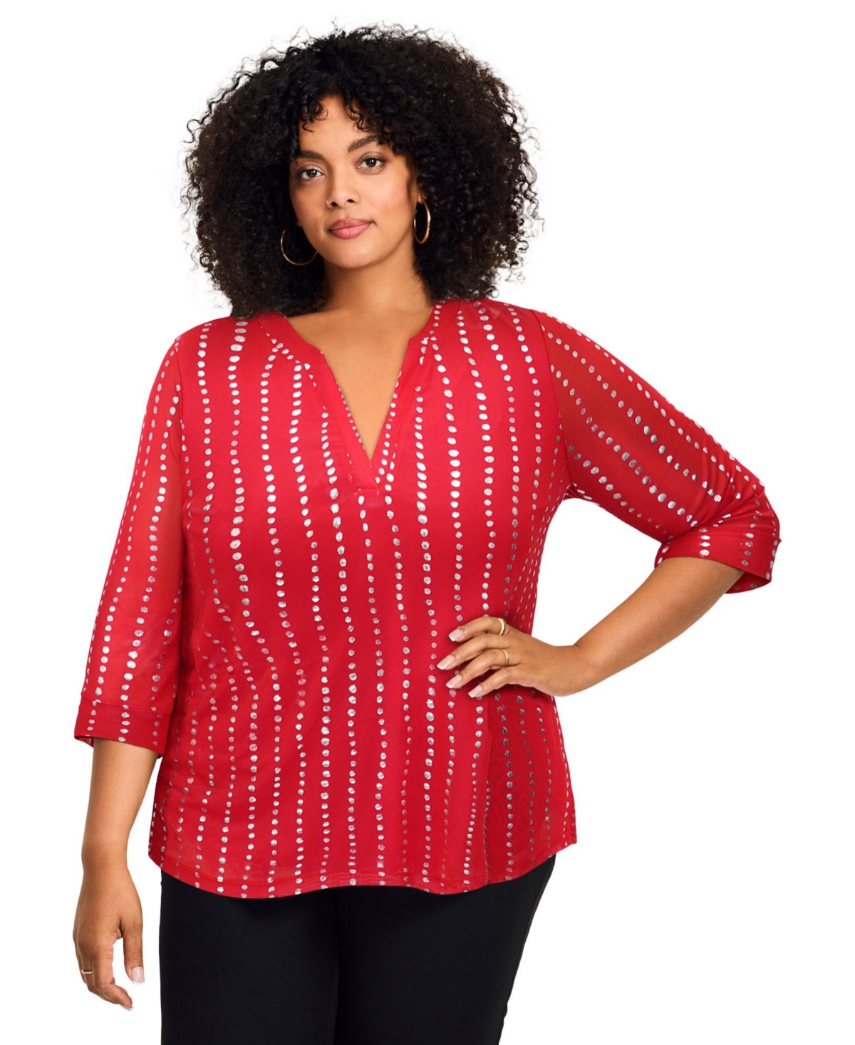 Click here for Avenue Womens Split-Neck Foil Top - Red stripe dot prices