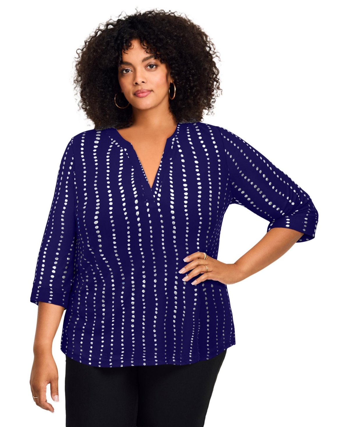 Click here for Avenue Womens Split-Neck Foil Top - Blue stripe do... prices