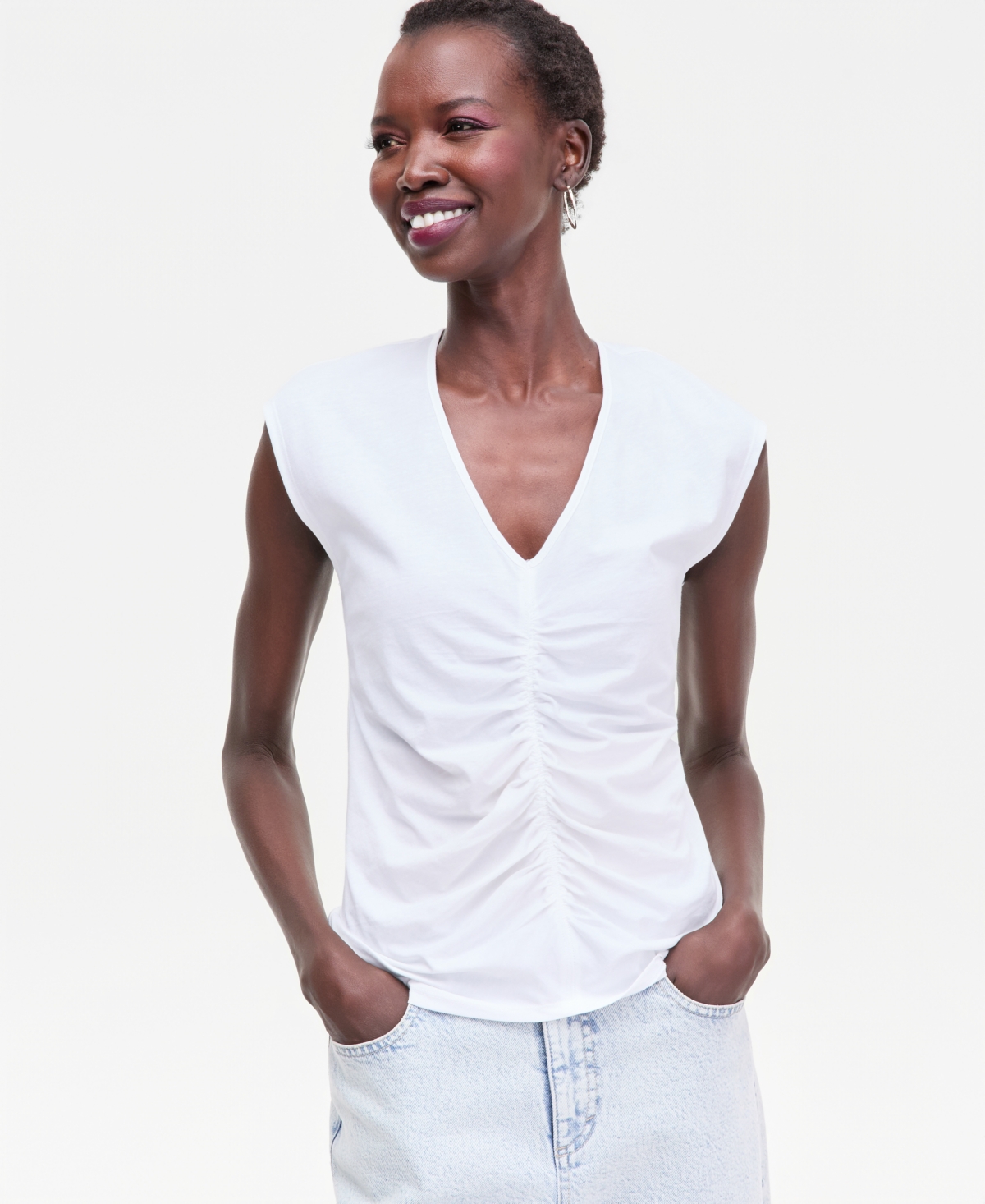 I.n.c. International Concepts Womens Cap Sleeve Ruched Cotton V-Neck T-Shirt  Macys Exclusive - Bright White