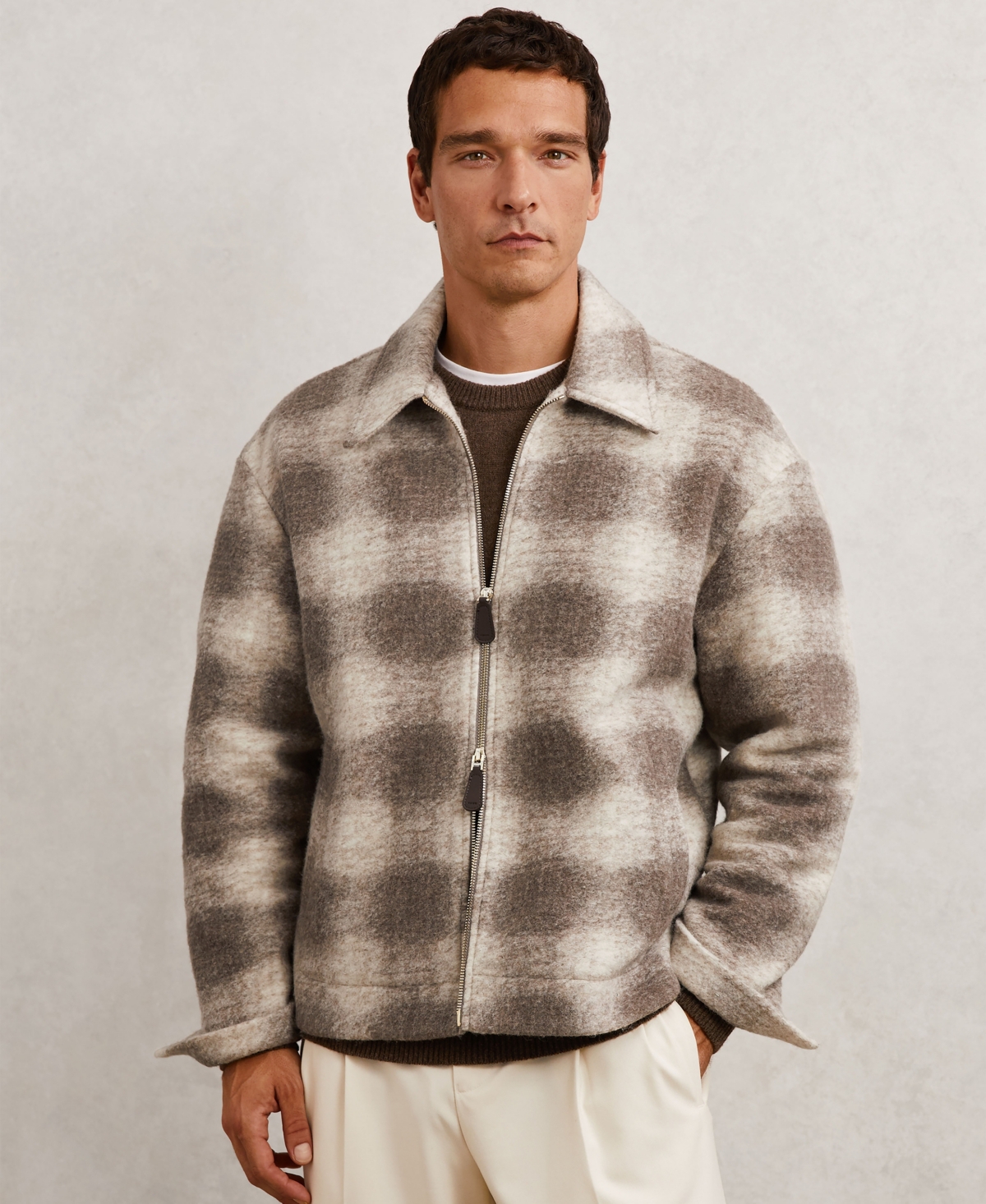 Click here for Reiss Mens Brushed Check Zip-Through Wool Overshir... prices
