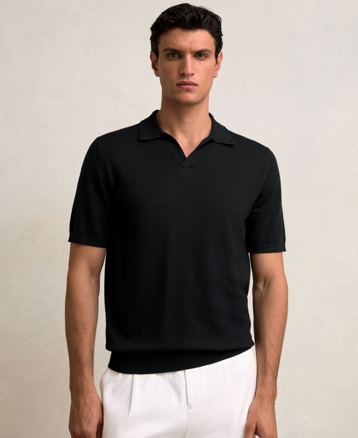 Click here for Reiss Mens Merino Wool Open Collar Polo Shirt - Bl... prices