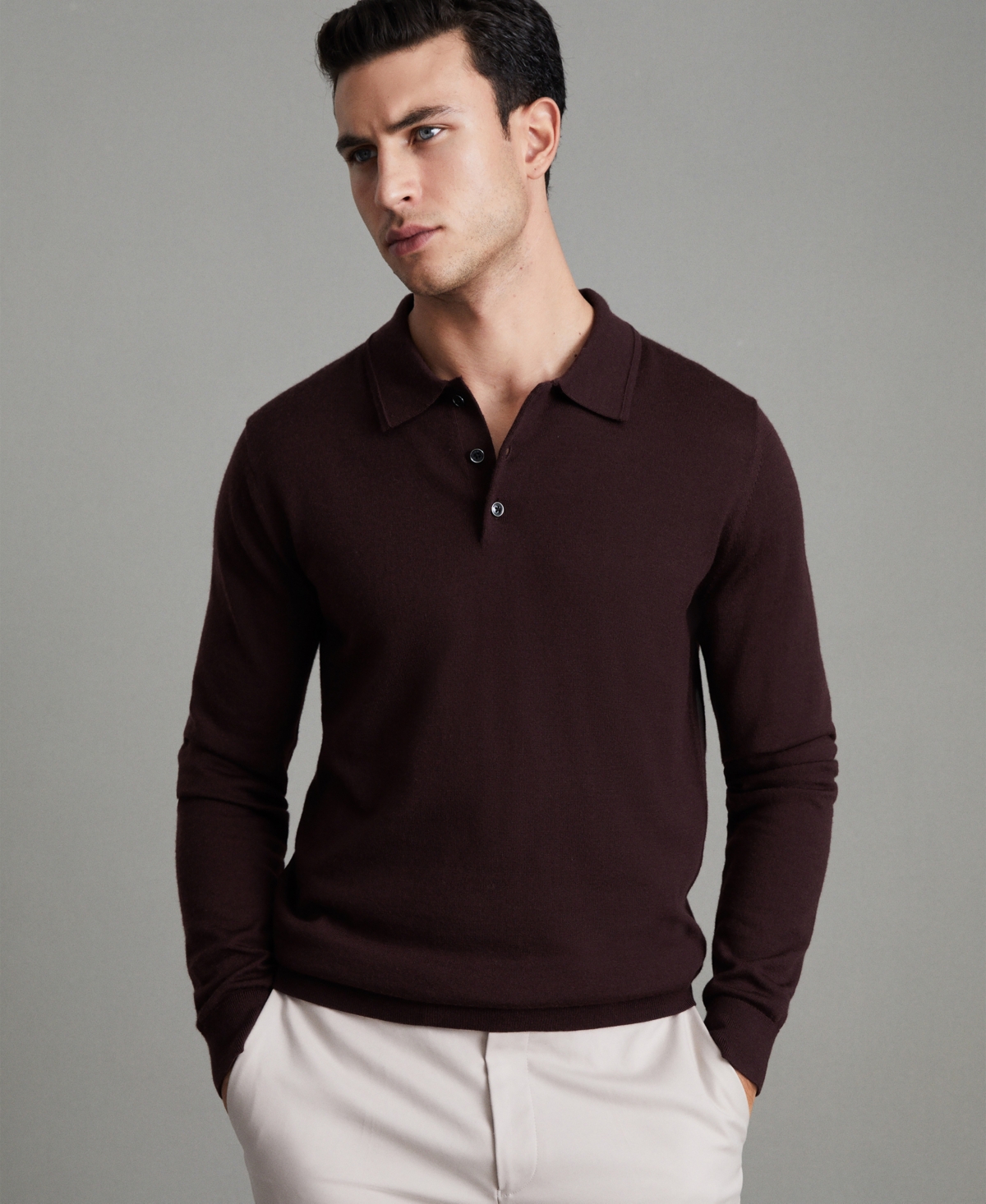 Reiss Mens Merino Wool Polo Shirt - Dark Bordeaux