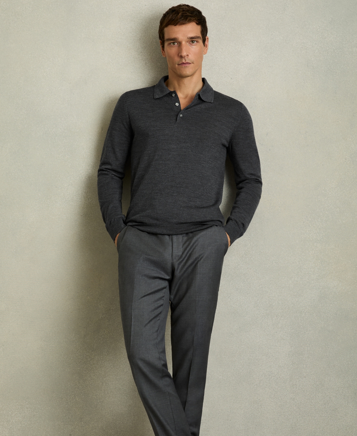 Reiss Mens Merino Wool Polo Shirt - Derby Gray Marl
