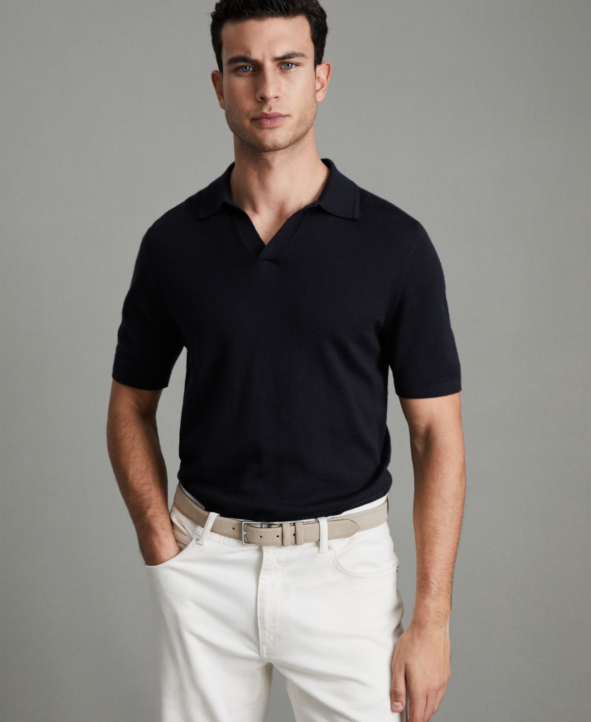 Click here for Reiss Mens Merino Wool Open Collar Polo Shirt - Na... prices