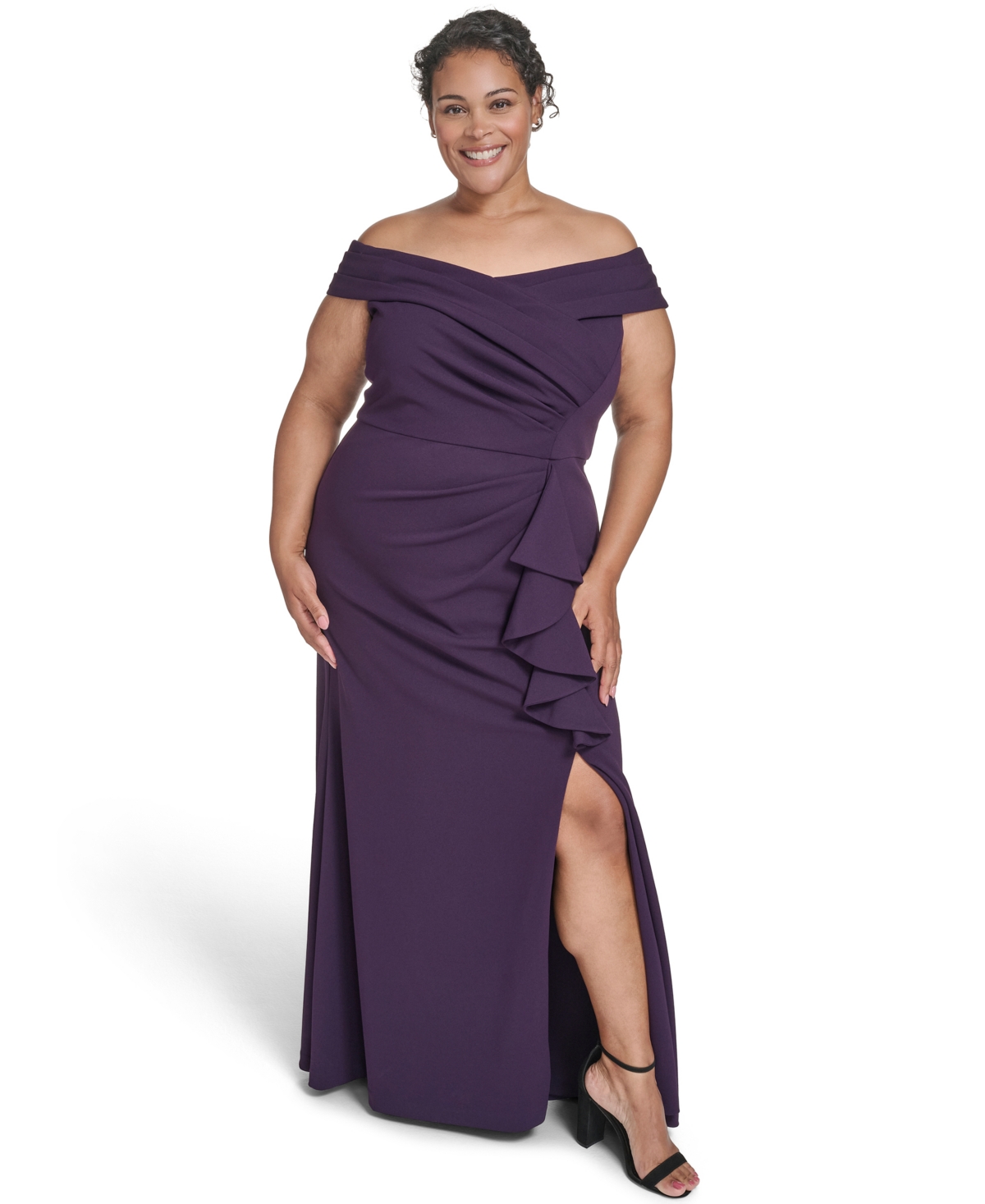 Click here for Eliza J Plus Size Off Shoulder Pleated Ruffle Gown... prices