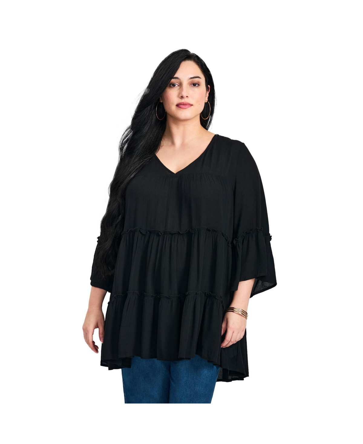 Click here for Avenue Womens Amy Tiered Bell Sleeve Blouse - Blac... prices
