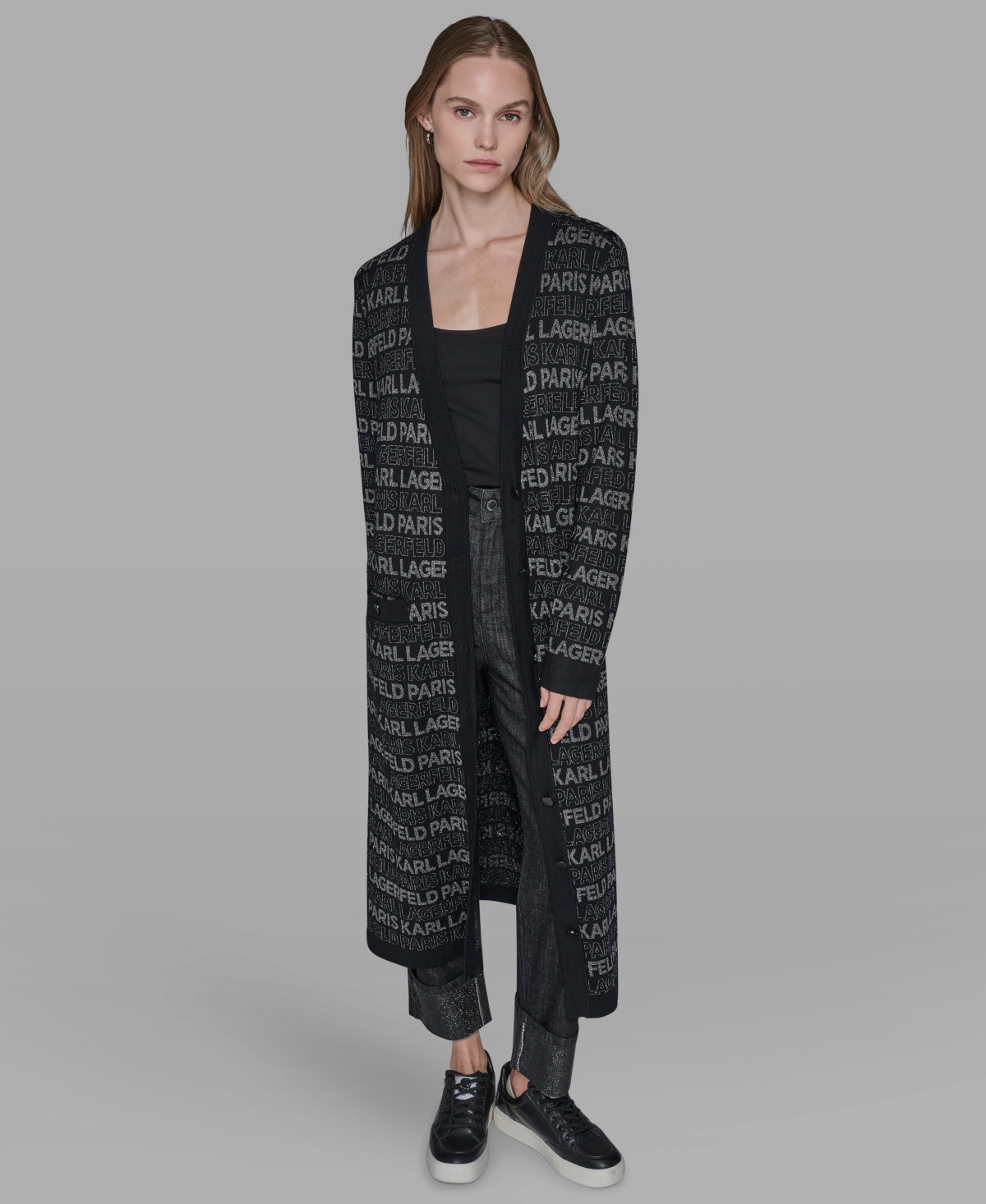 Karl Lagerfeld Paris Womens Linear Duster V-neck Cardigan Sweater - Black/Gun Metal