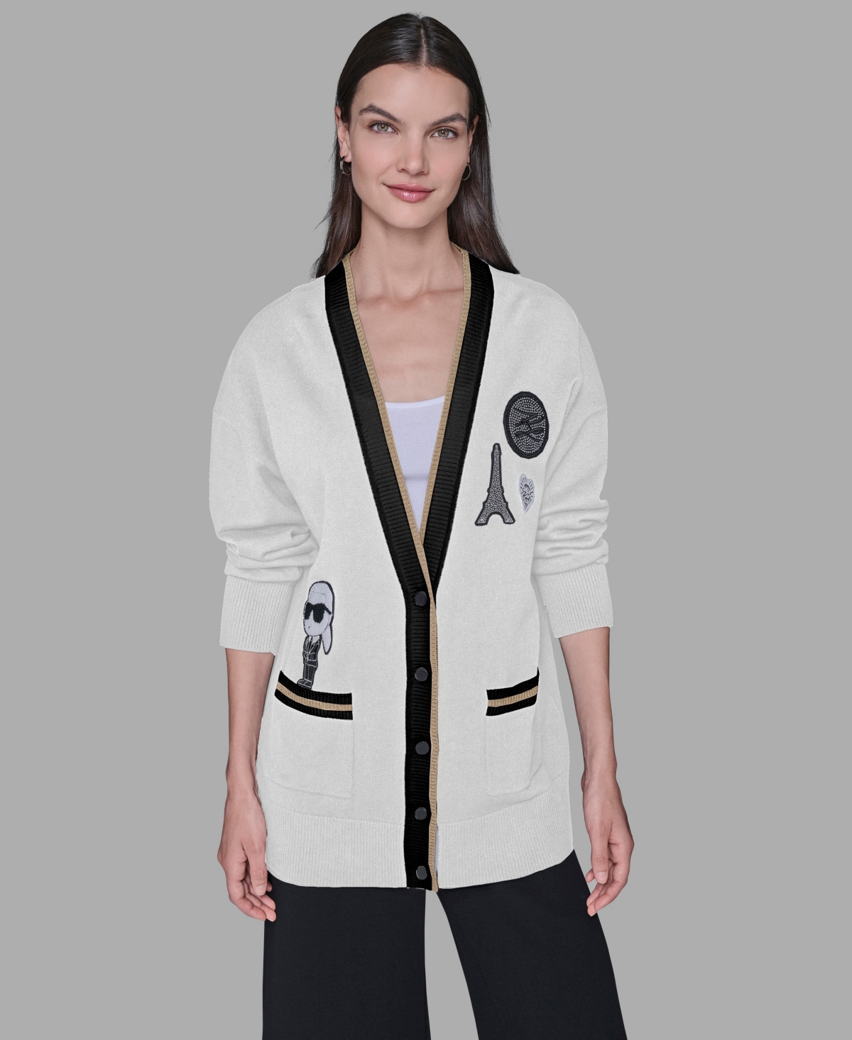 Click here for Karl Lagerfeld Paris Womens Patch Detail Cardigan... prices