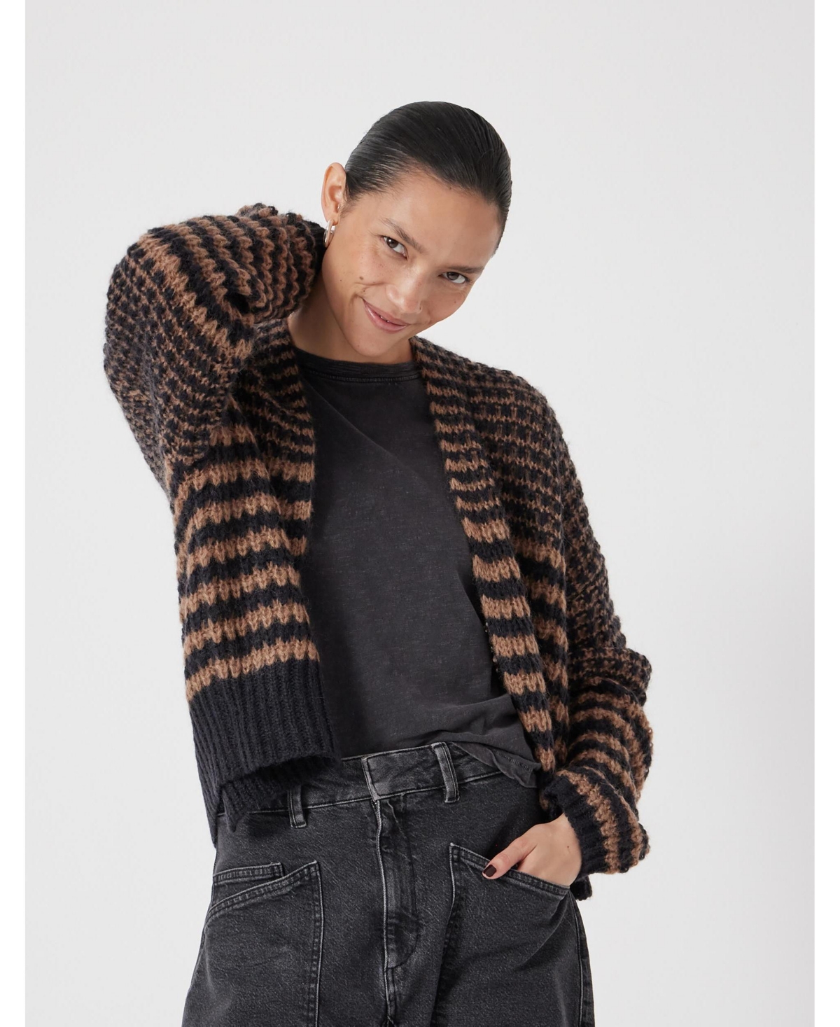 Click here for Hush Womens Skye Wool Blend Stripe Cardigan - Blac... prices