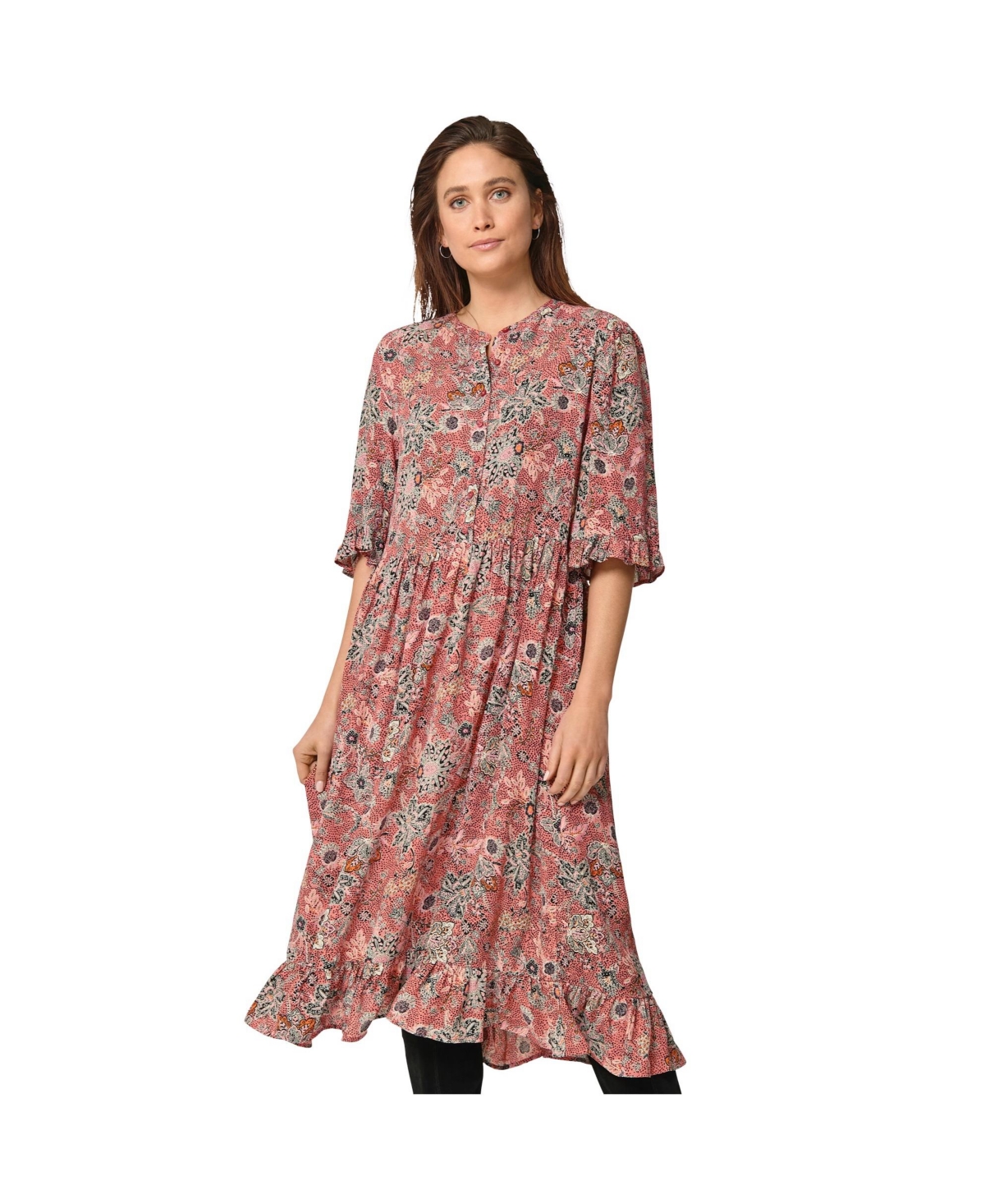 Click here for ellos Womens Ruffled Empire Dress - Rose multi flo... prices