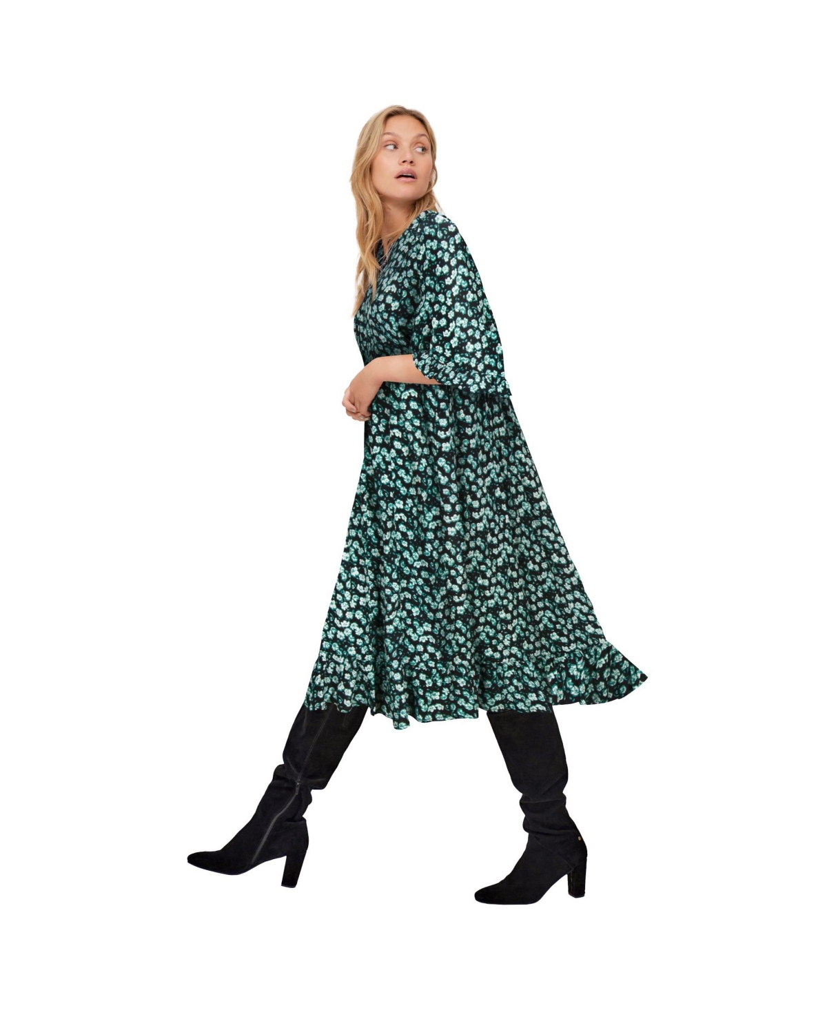 Click here for ellos Womens Ruffled Empire Dress - Black green di... prices