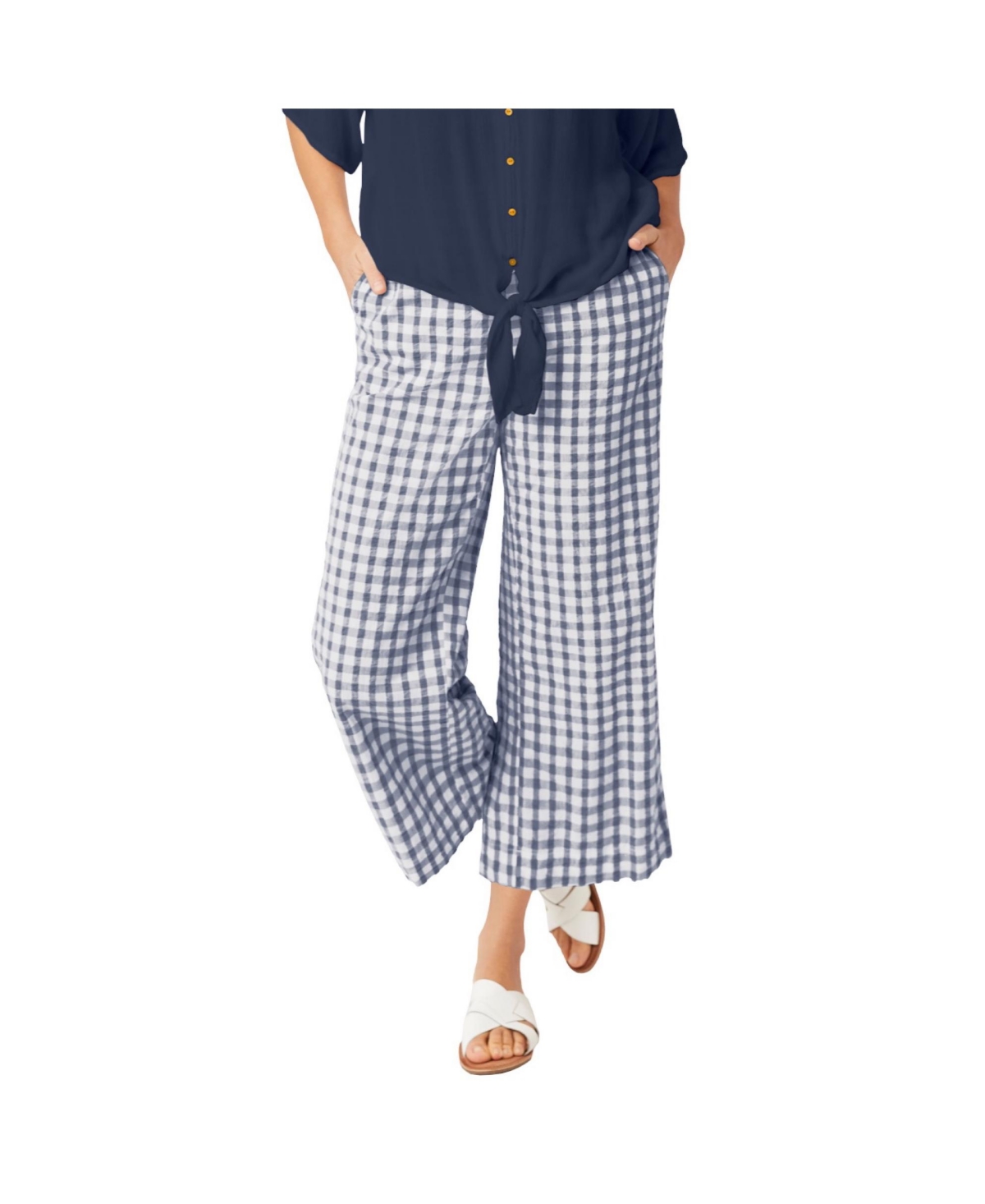 Click here for ellos Womens Gingham Crop Pants - Navy white gingh... prices