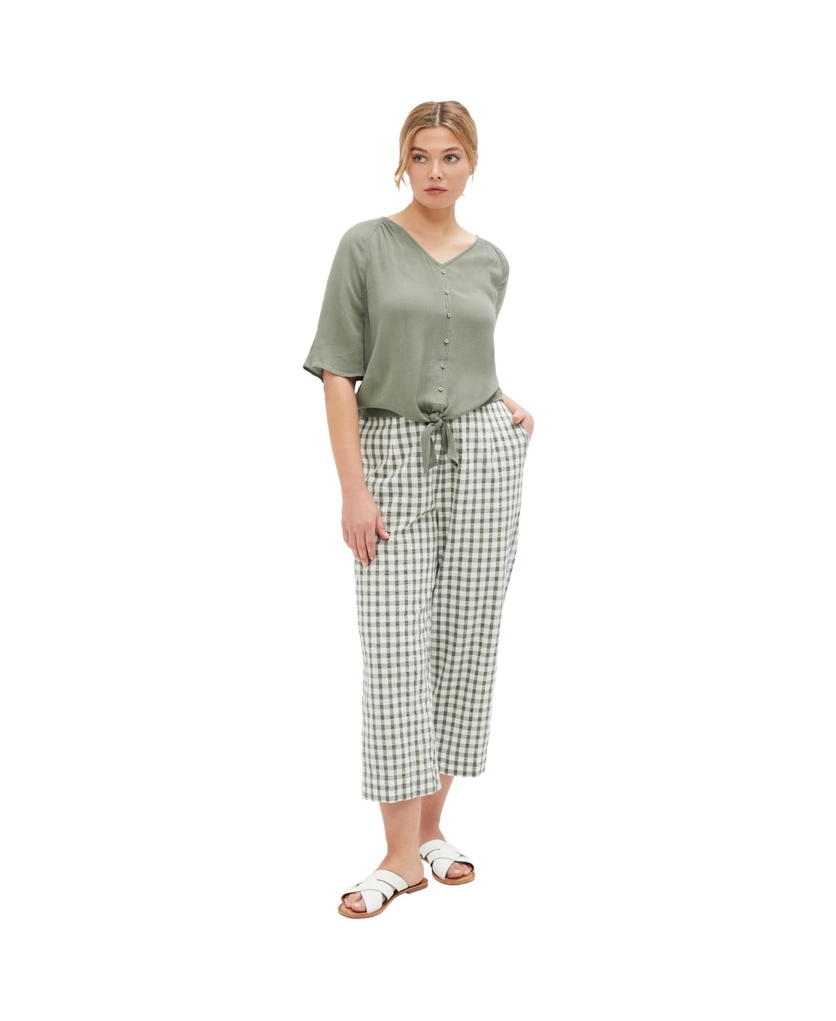 Click here for ellos Womens Gingham Crop Pants - Desert green whi... prices